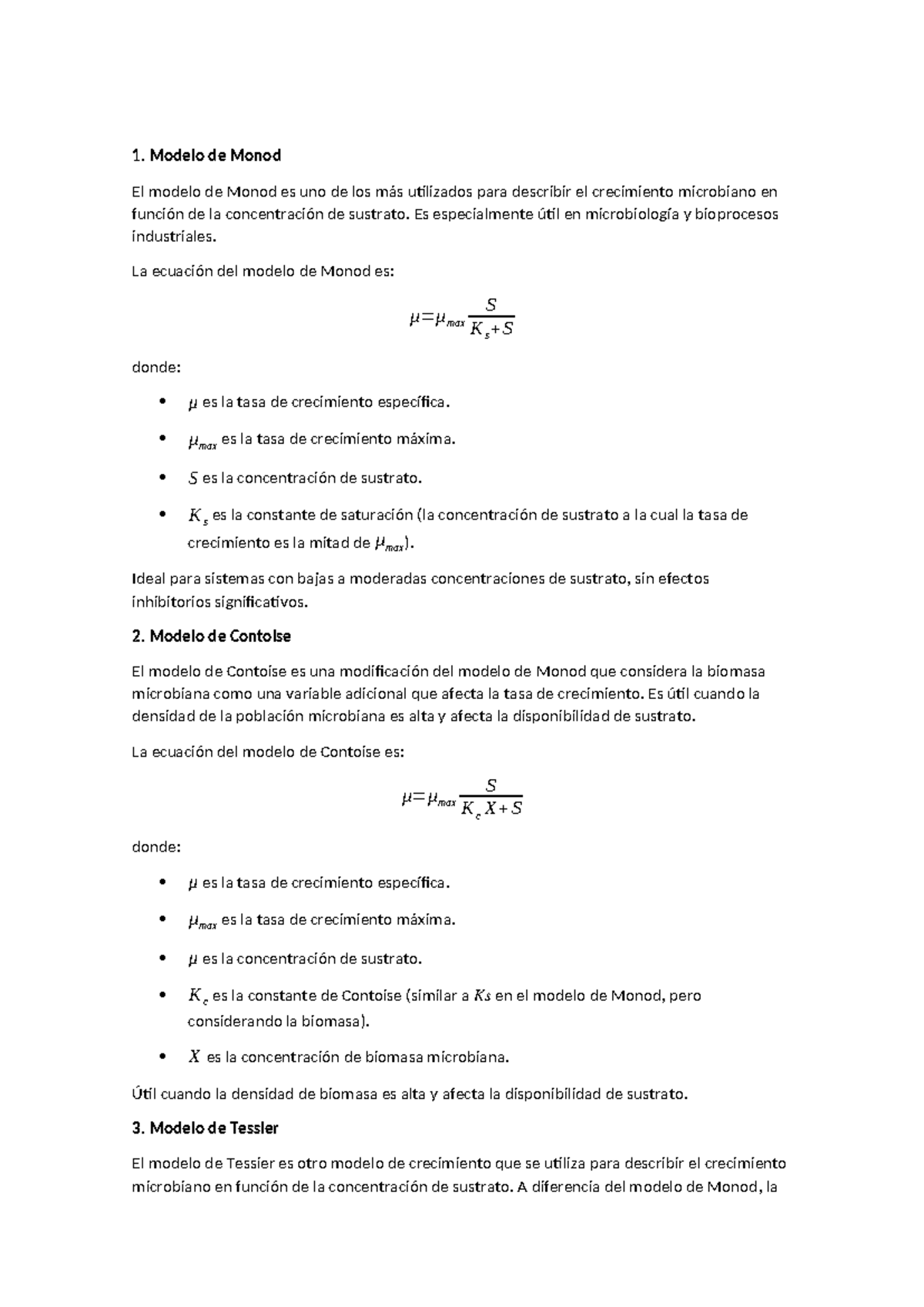 Modelos - Masa I - 1. Modelo de Monod El modelo de Monod es uno de los ...