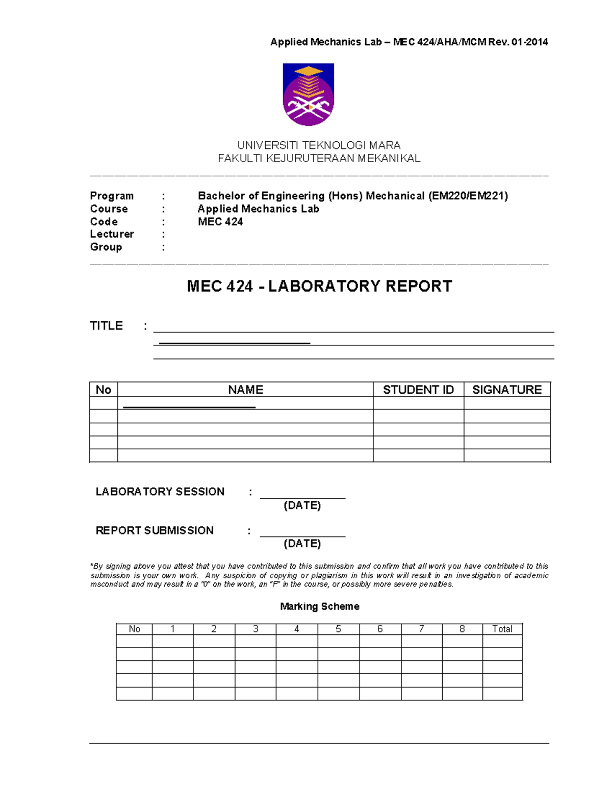 Lab Sheet Report Cover - Applied Mechanics Lab – MEC 424/AHA/MCM Rev ...