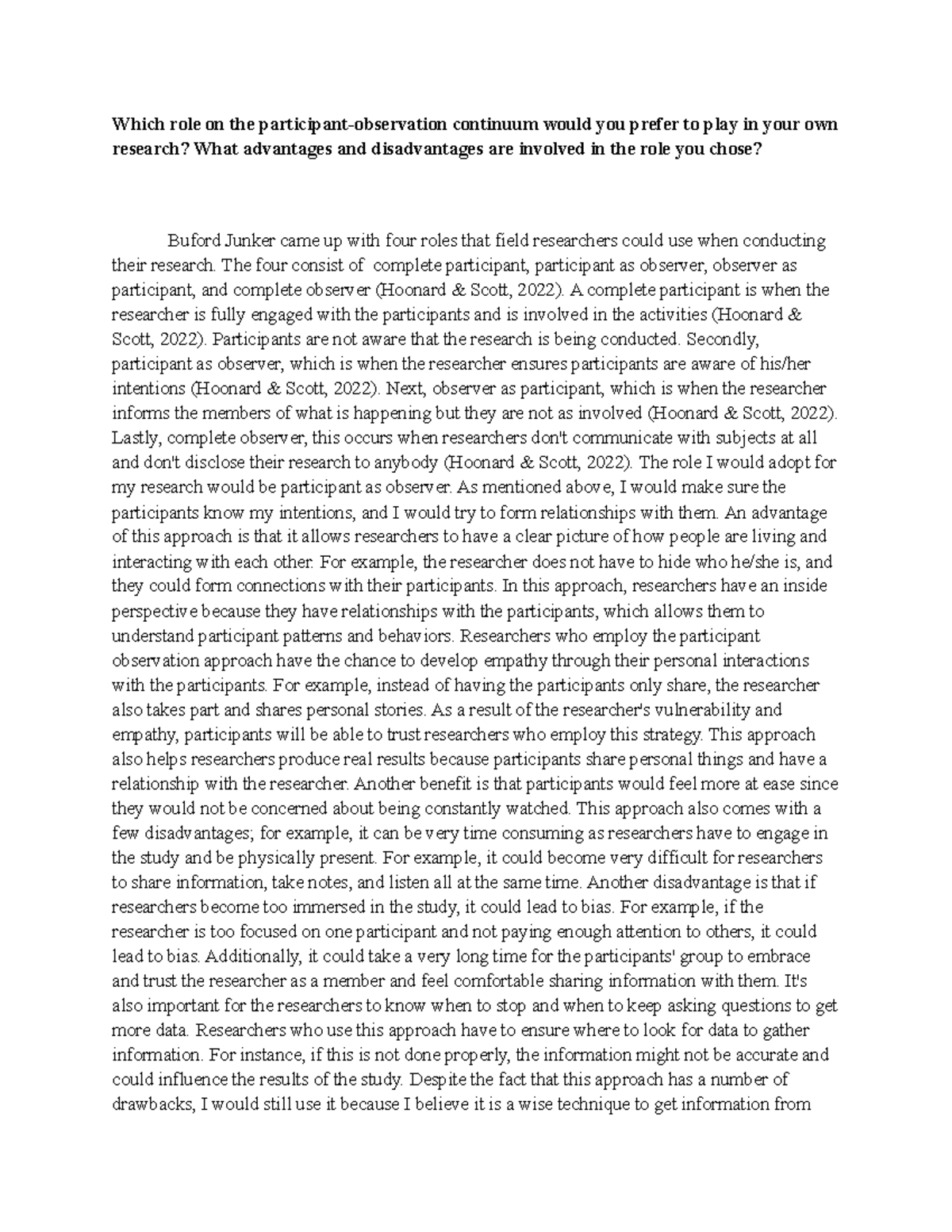 Crim 321 Ethnography discussion - Which role on the participant ...