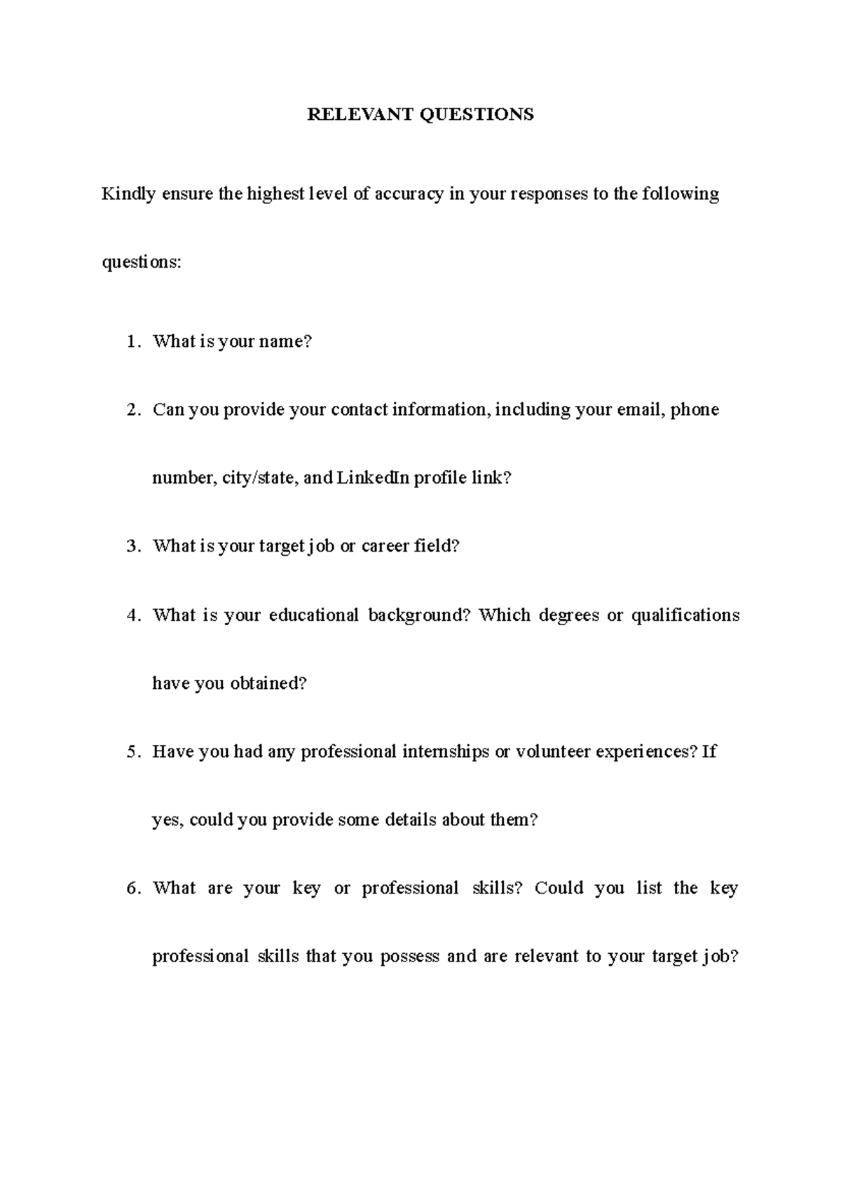 Relevant Questions CV - RELEVANT QUESTIONS Kindly ensure the highest ...