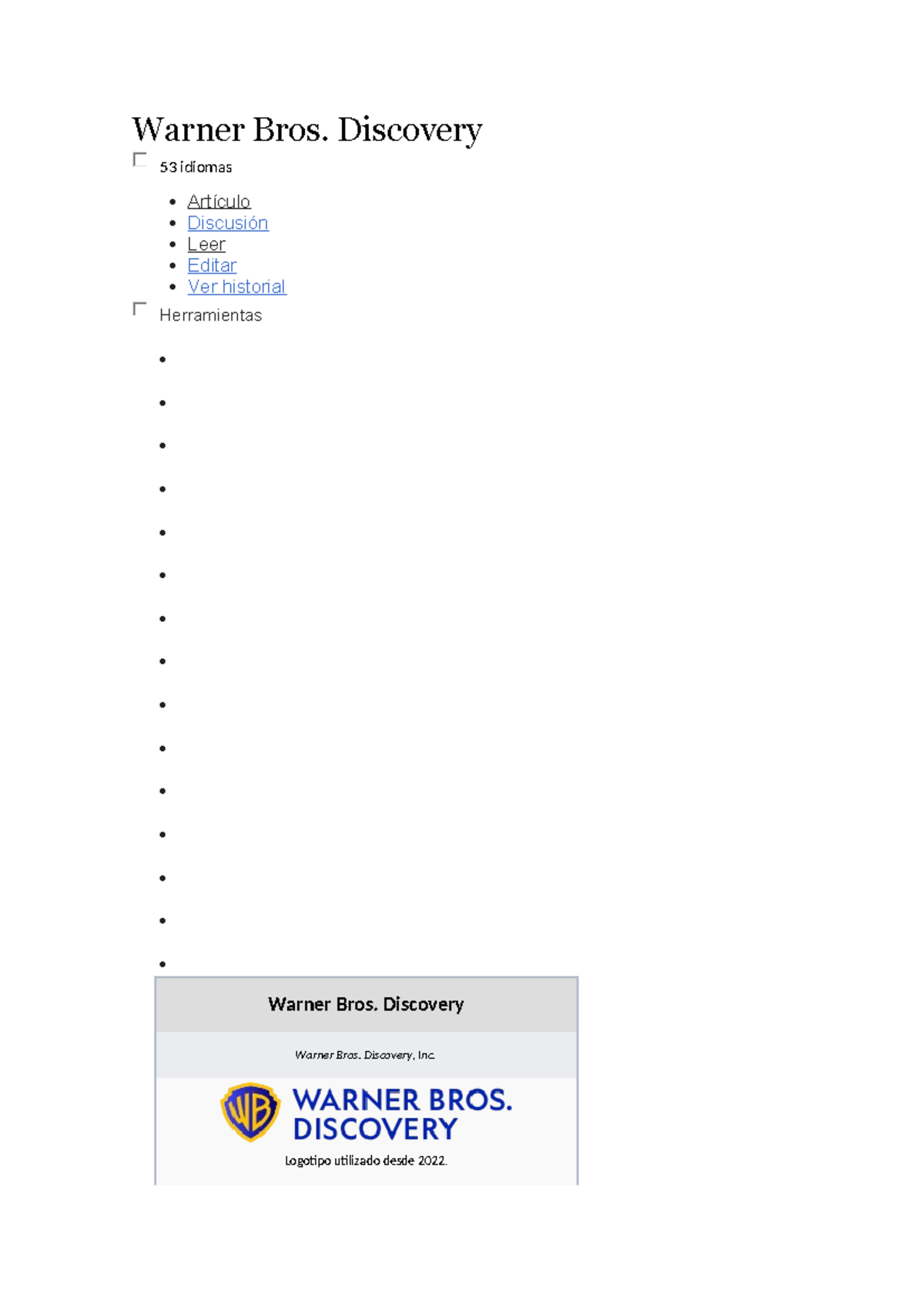 Warner Bros. Discovery - Warner Bros. Discovery 53 idiomas Artículo Discusión Leer Editar - Studocu
