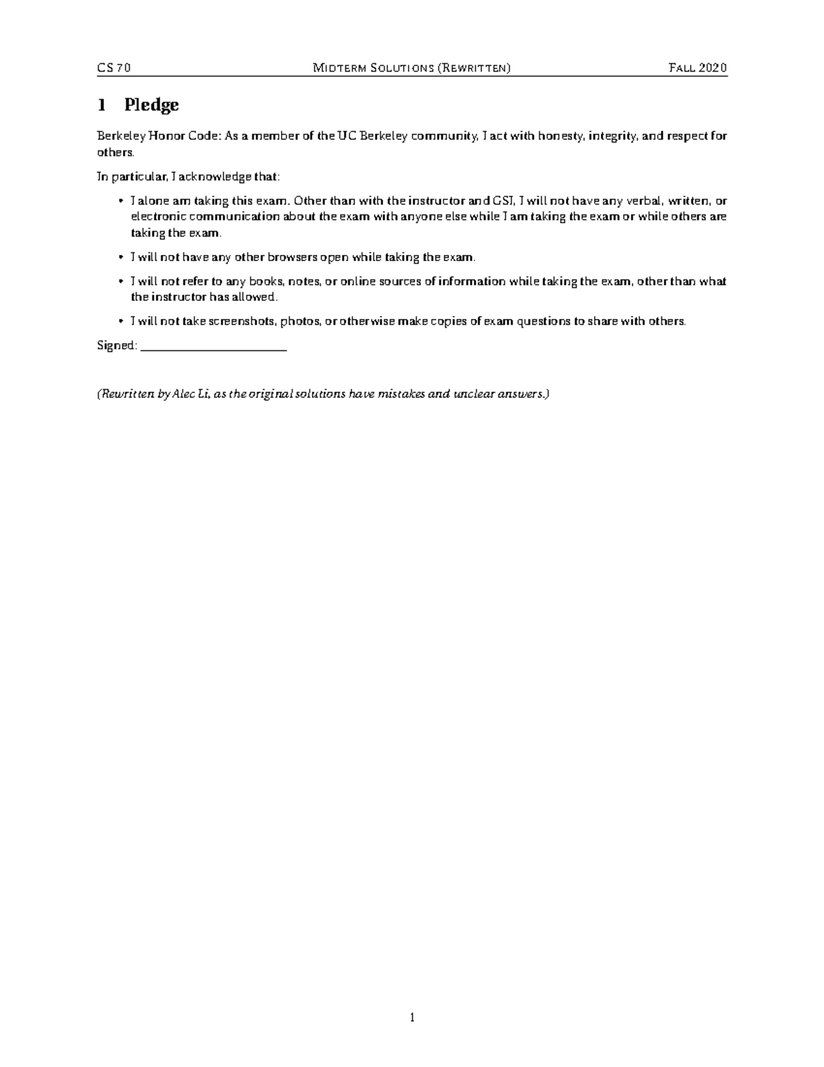 Midterm fa20 sol - Practice - 1 Pledge Berkeley Honor Code: As a member ...