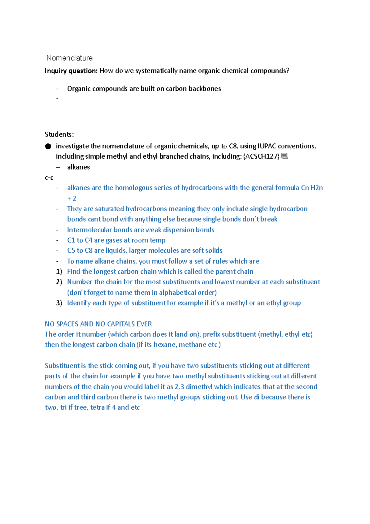 Chemistry notes year 12 - Nomenclature Inquiry question: How do we ...