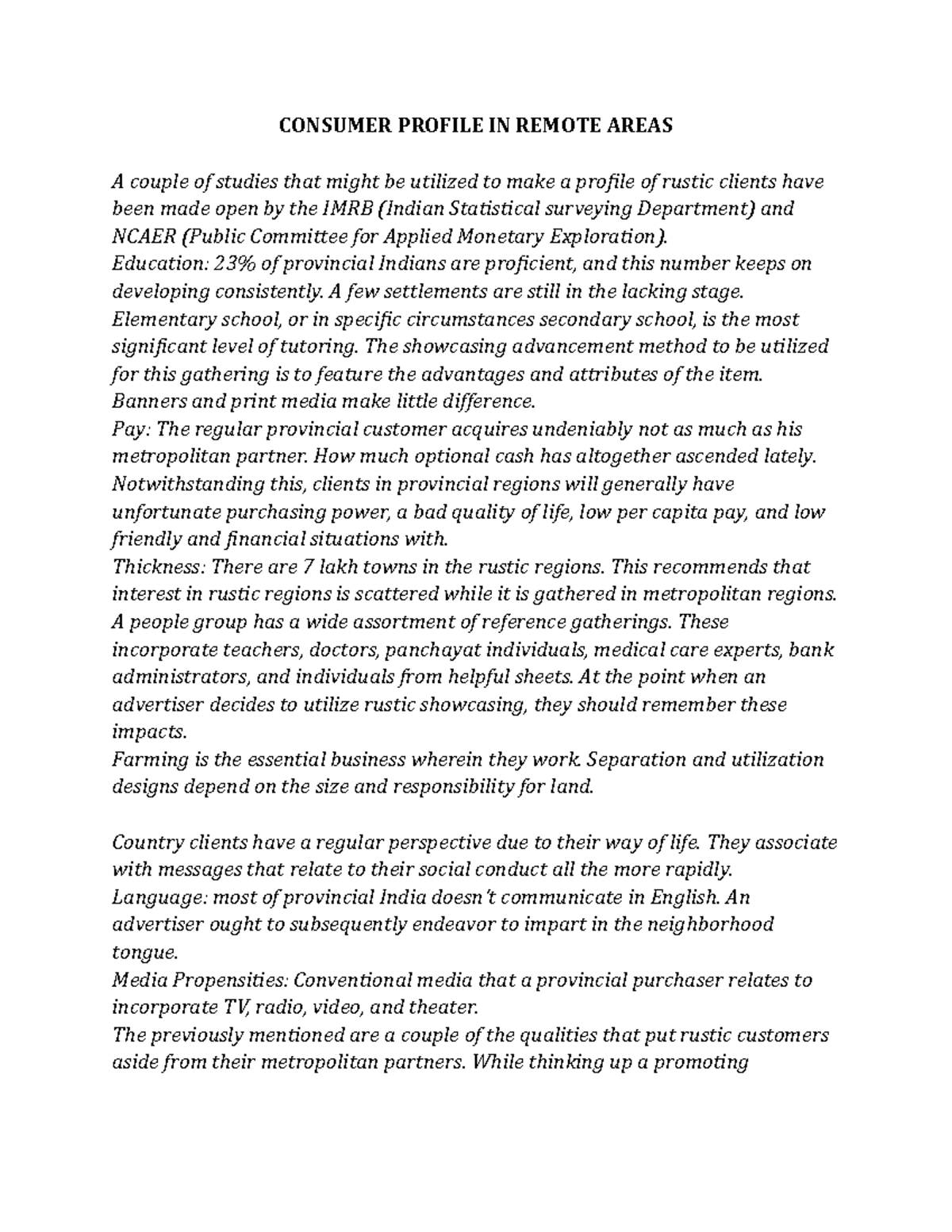 Consumer Profile IN Remote Areas - CONSUMER PROFILE IN REMOTE AREAS A ...