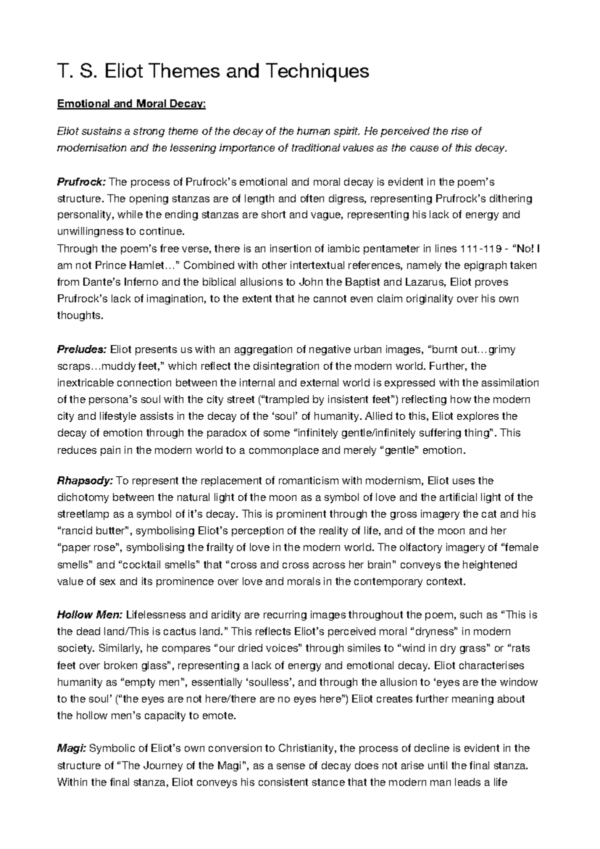 Themes and Techniques for T.S Elliot - T. S. Eliot Themes and Techniques Emotional and Moral ...