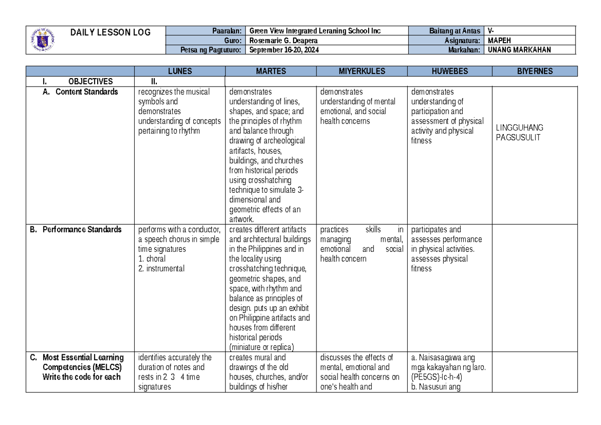 W7 MAPE - lesson plan - DAILY LESSON LOG Paaralan: Green View ...