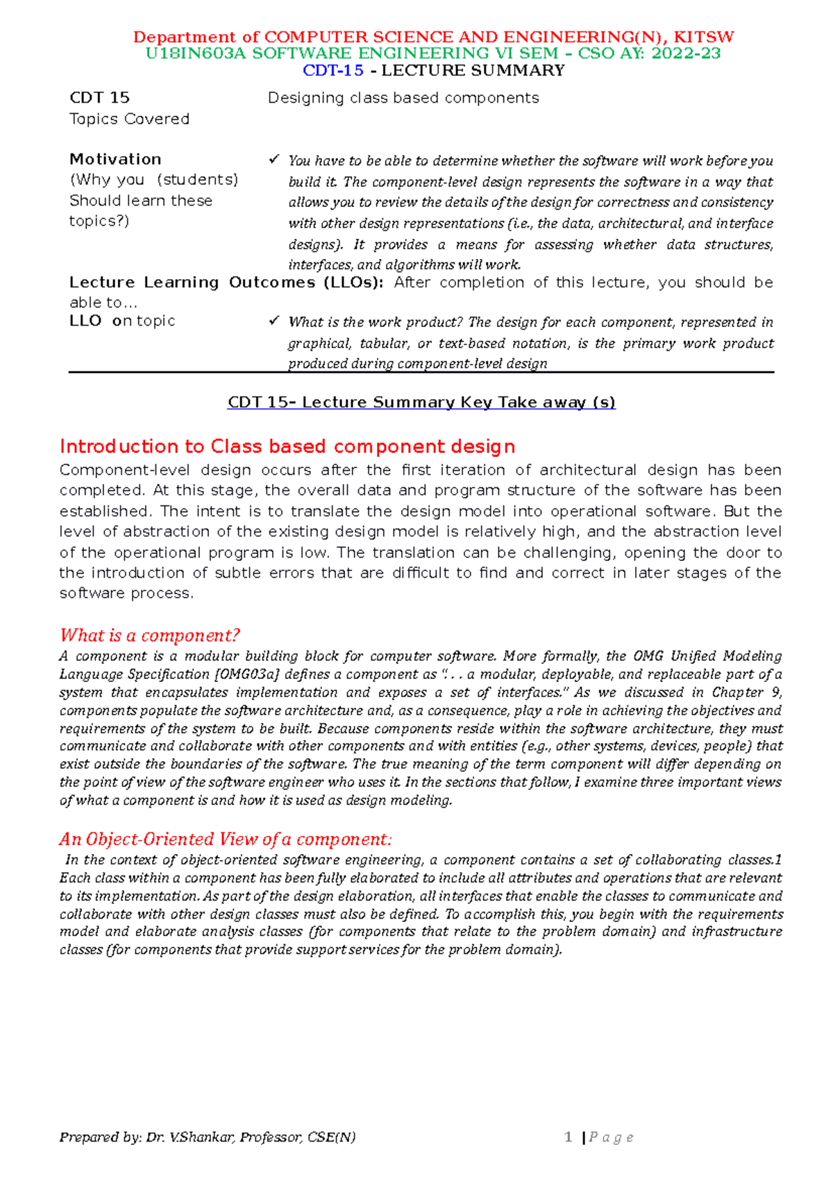 Designing class based components - U18IN603A SOFTWARE ENGINEERING VI SEM – CSO AY: 2022- CDT-15 ...