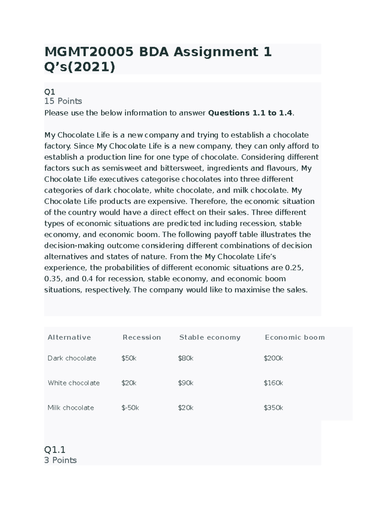 Mgmt2000 5 Bda Assignment 1 Qs Mgmt2000 5 Business Decision Analysis Assignment 1 Answers 2021