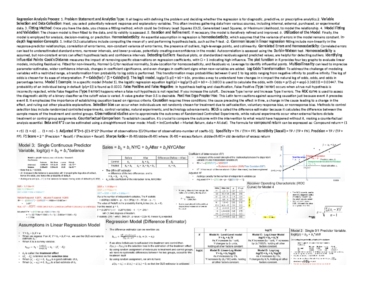 Cheat sheet - Notes for class - Regression Analysis Process: 1. Problem ...