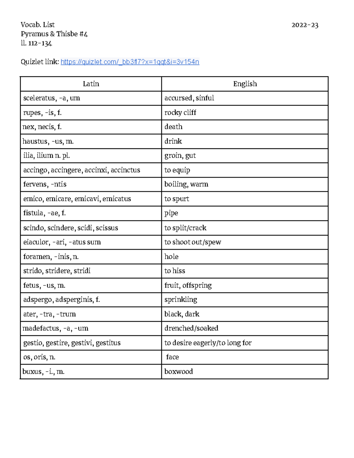 P&TVocab List#4 - Pryamus and Thisbe vocab - Vocab. List 2022- Pyramus ...