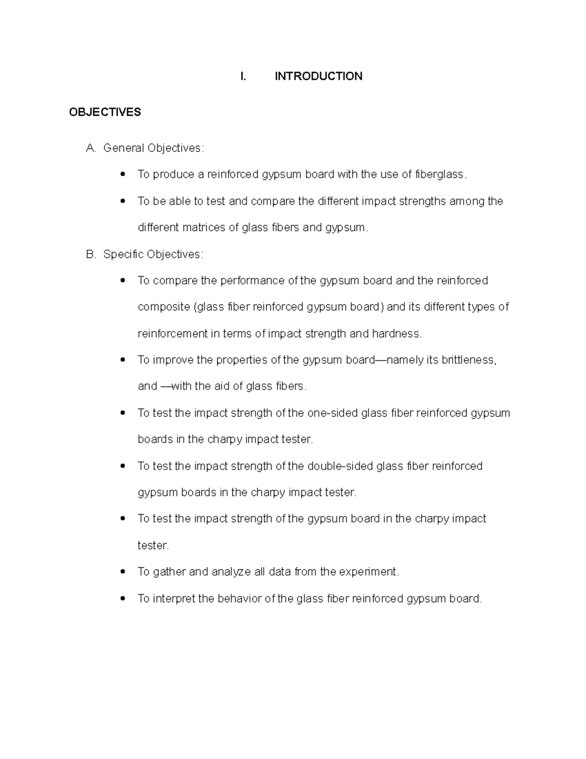 fiberglass reinforcement of gypsum board - I. INTRODUCTION OBJECTIVES A ...
