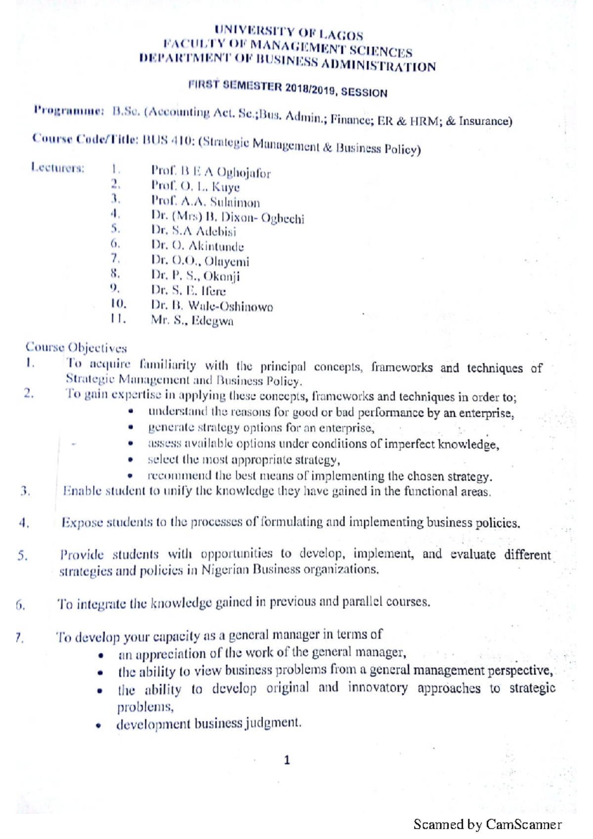 BUS 410 Course Outline - Strategic Management and Business Policy - Studocu