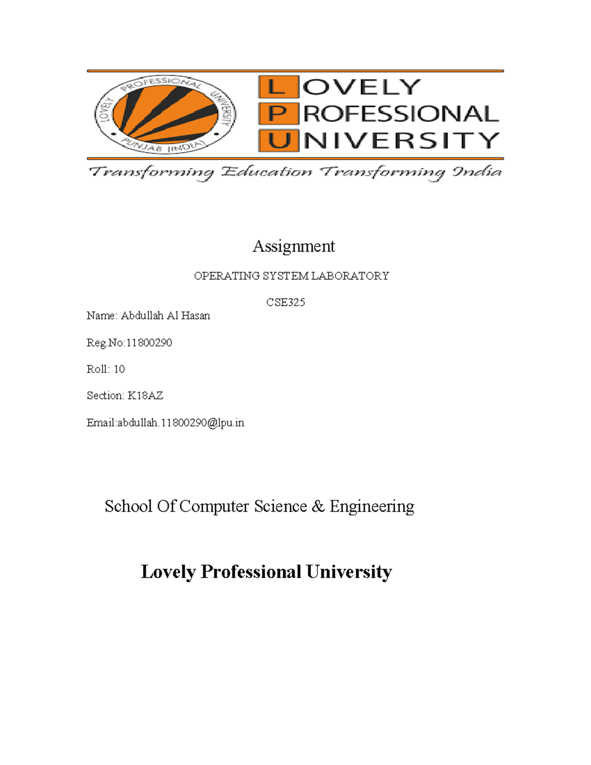 Pdfcoffee - nope - Assignment OPERATING SYSTEM LABORATORY CSE Name: Abdullah Al Hasan Reg: Roll ...