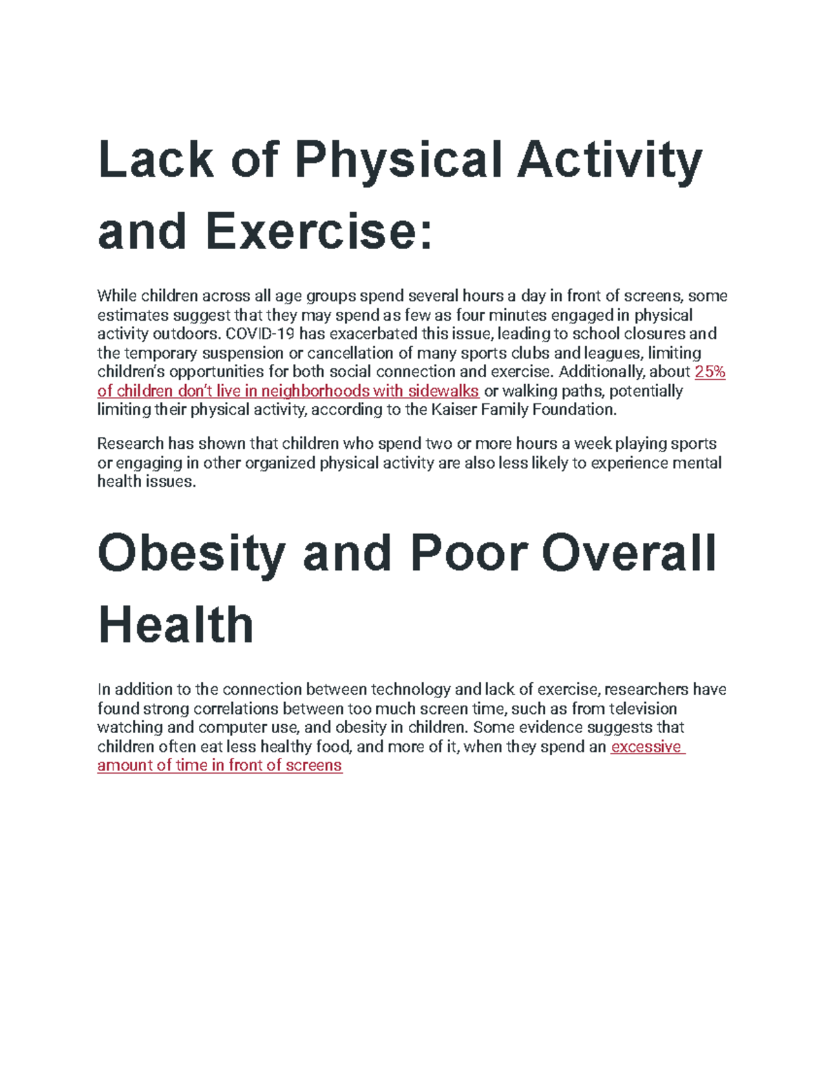 Lack of Physical Activity and Exercise - Lack of Physical Activity and ...