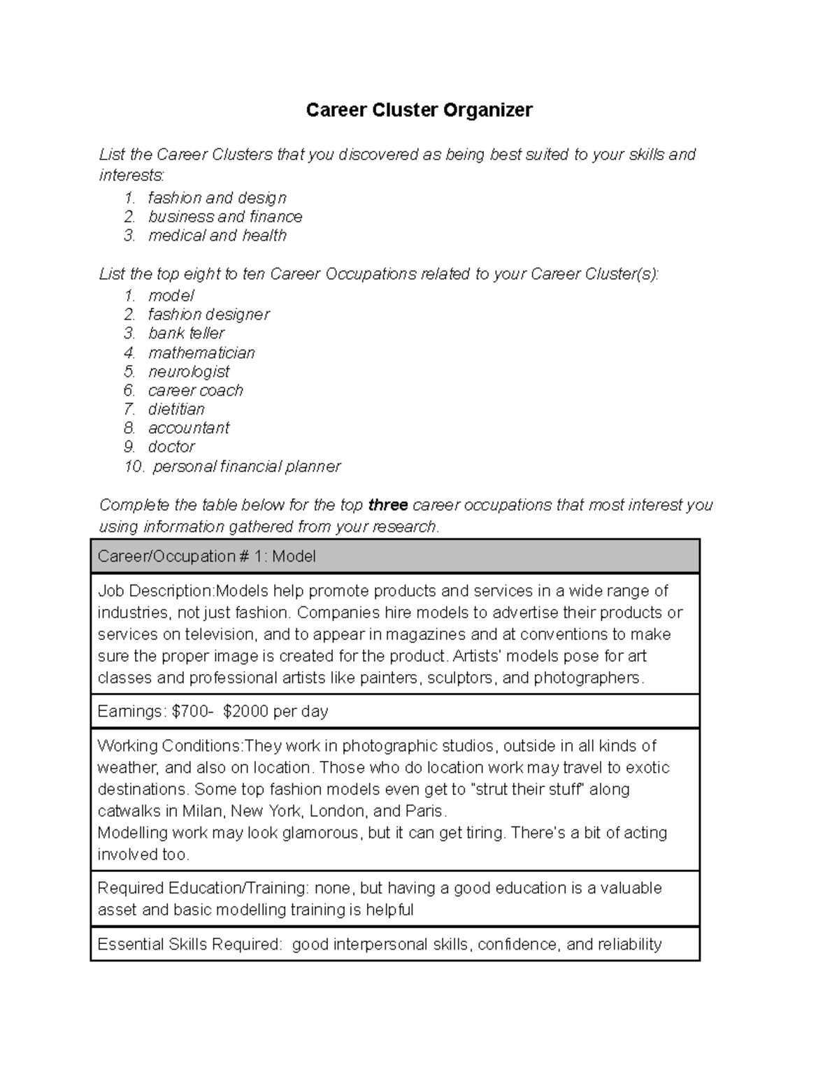GLC2O-Unit 2 Activity 1- Assignment 1 - Career Cluster Organizer List ...