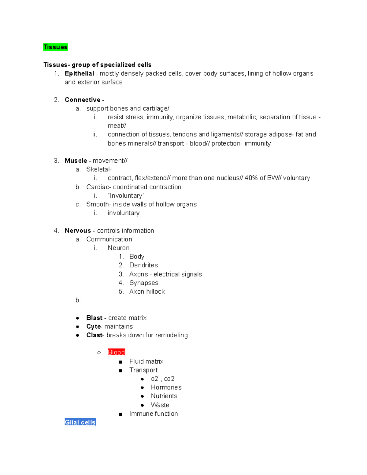 Tissue notes for human anatomy - Tissues Tissues- group of specialized ...