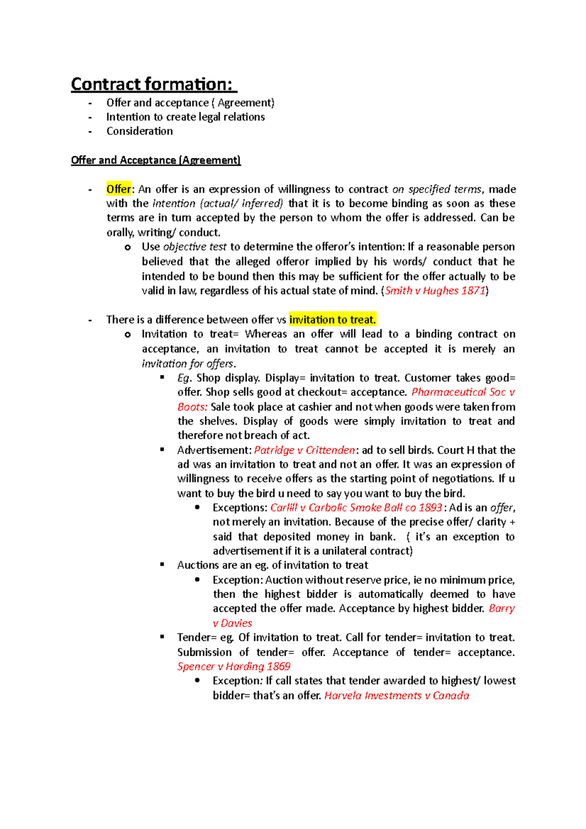 Contract notes - Contract formation: Offer and acceptance ( Agreement ...
