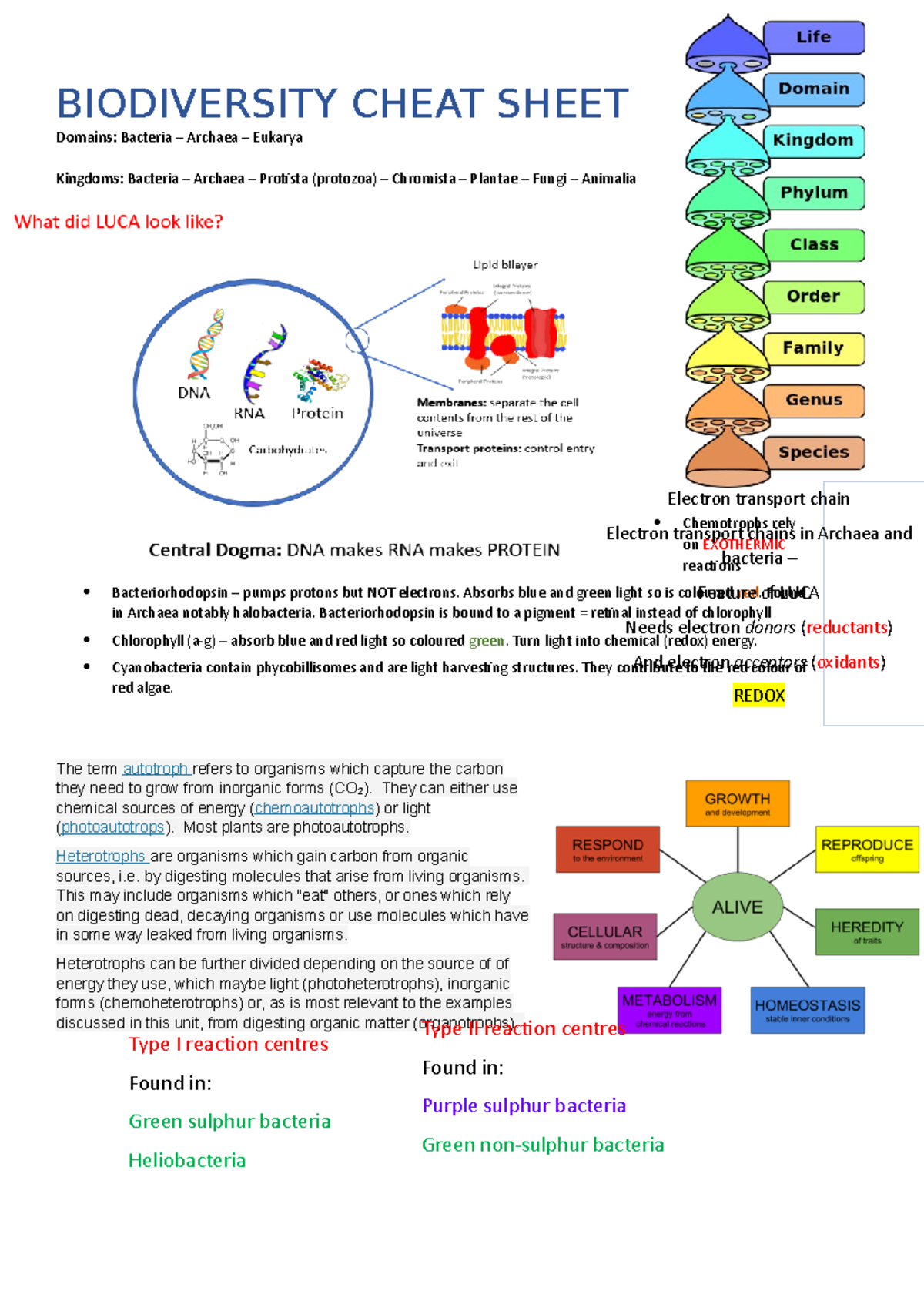 BIOL 10511 Biodiversity Cheat Sheet - BIODIVERSITY CHEAT SHEET Domains ...