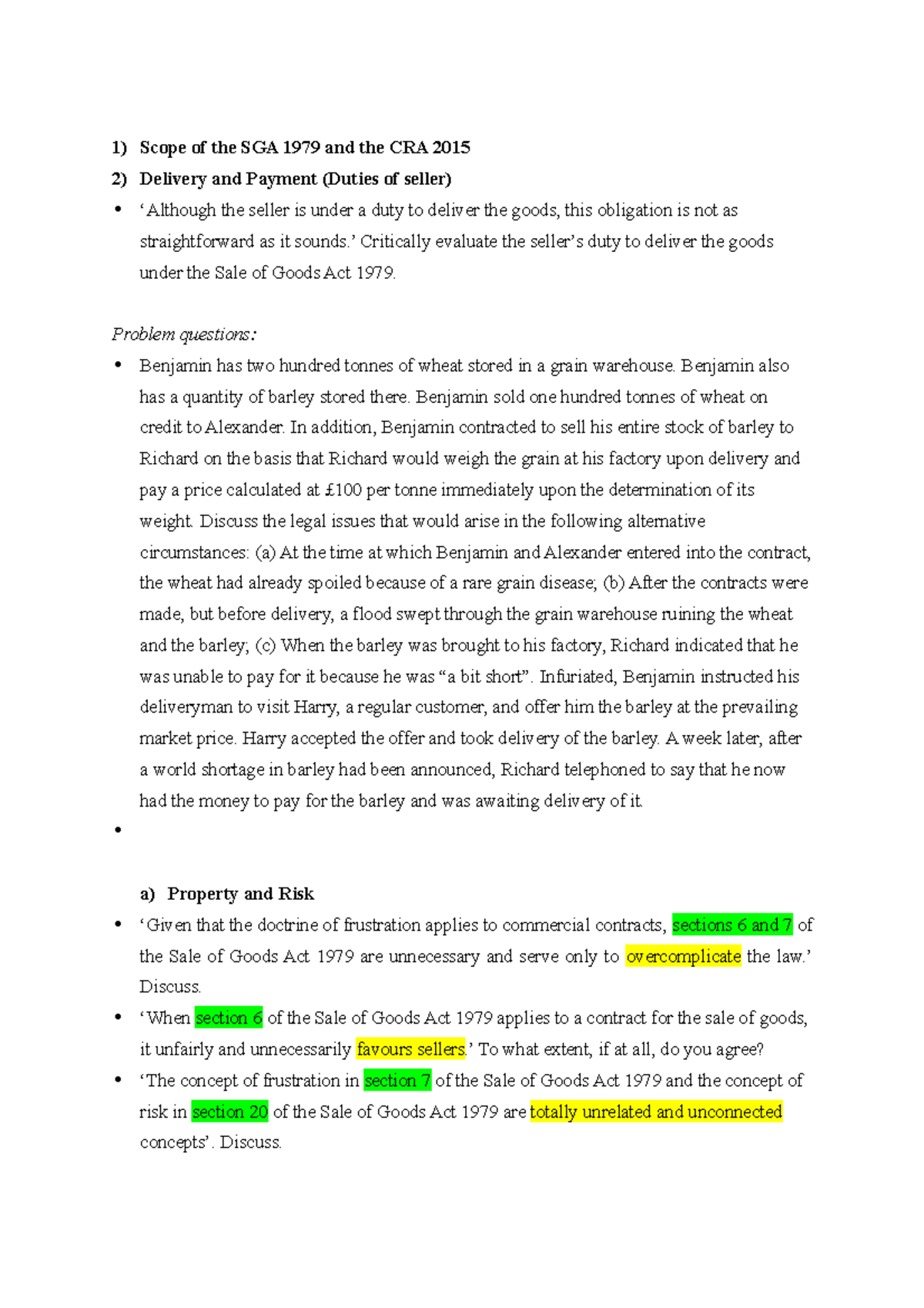 Exam 2017, questions - Scope of the SGA 1979 and the CRA 2015 Delivery ...