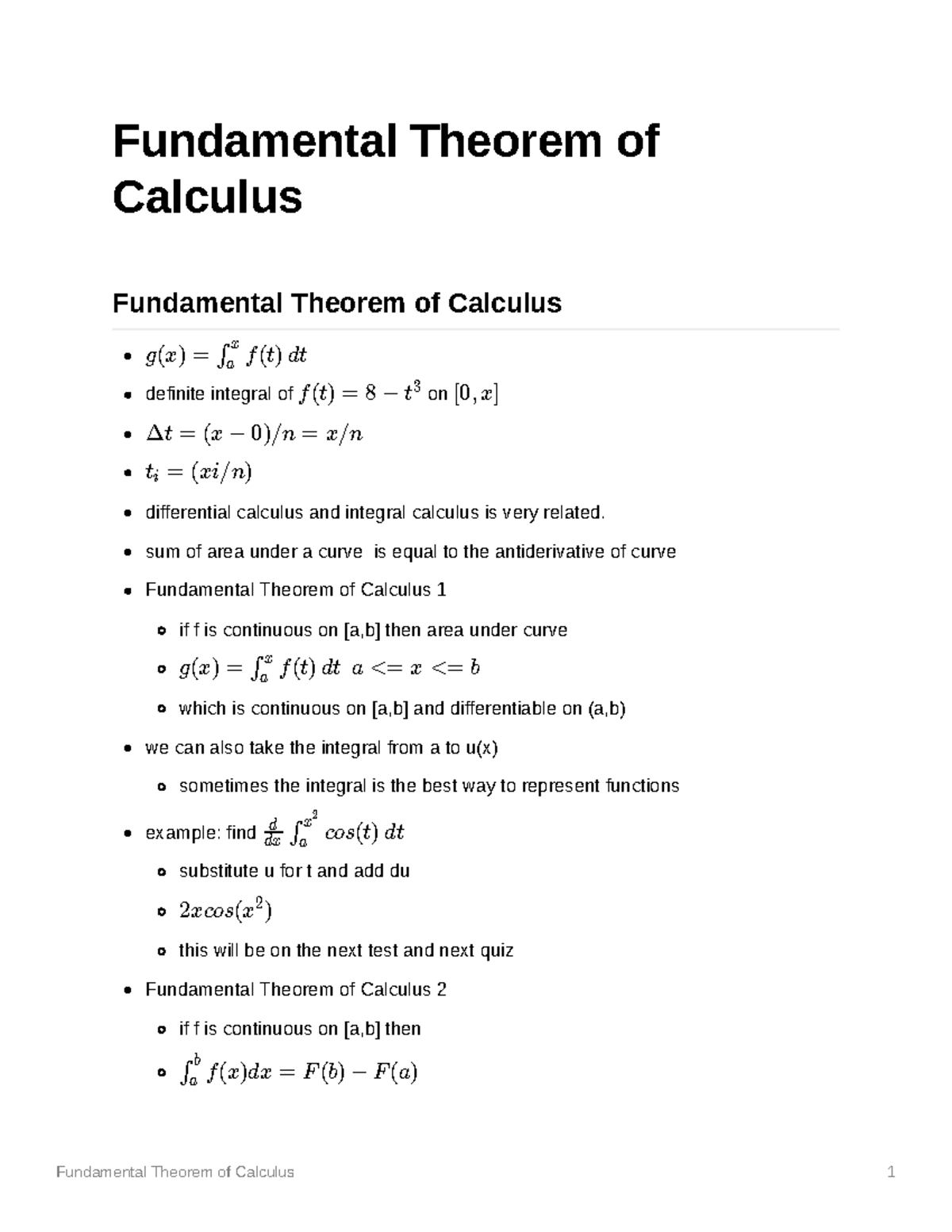 Fundamental Theorem of Calculus - sum of area under a curve is equal to ...