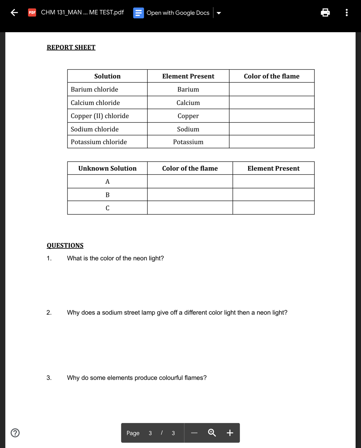 Experiment 1 Flame TEST 2 - Refer to this manual for experiment 1. Note ...