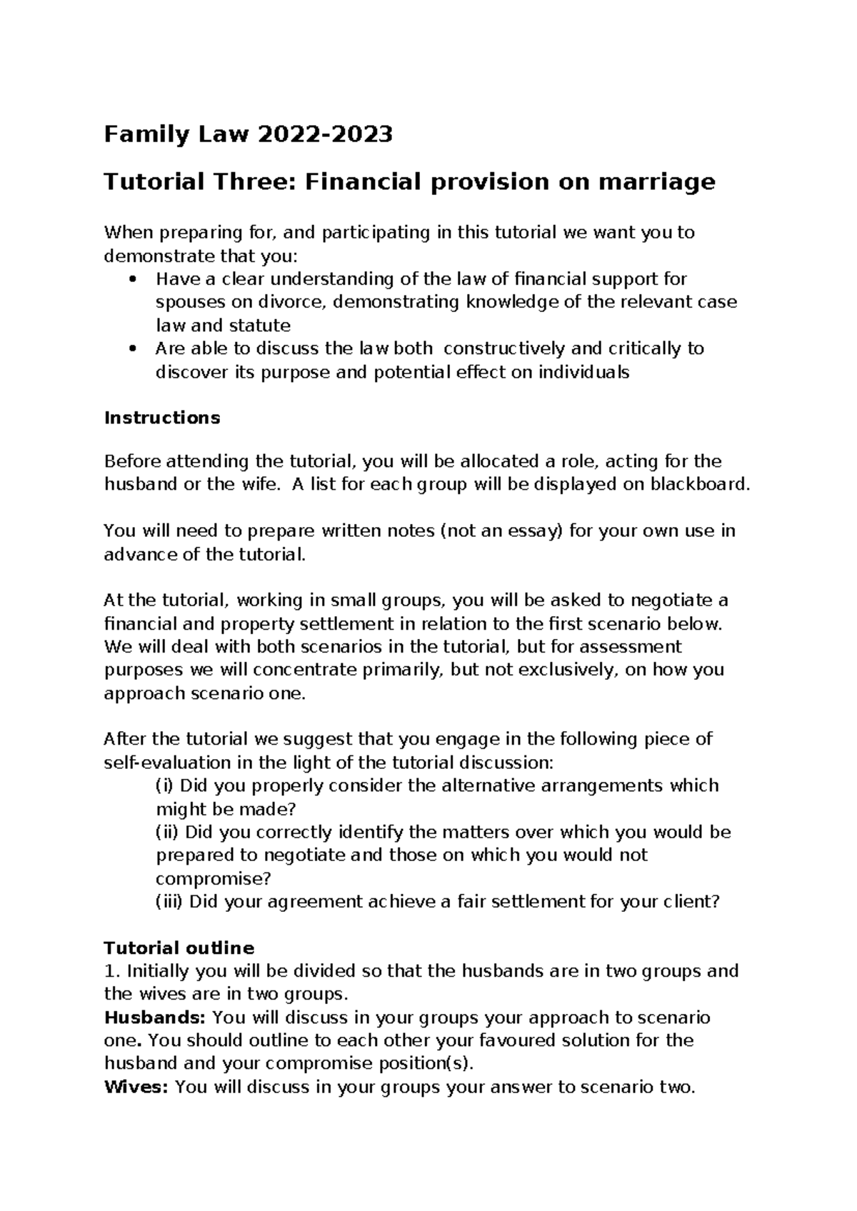 Tutorial Three - Financial Provision - Family Law 2022- Tutorial Three ...