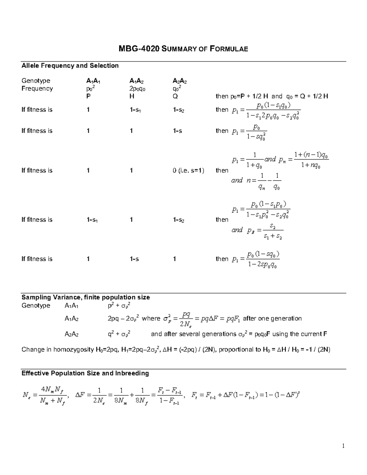 2500 Formula Sheet - 1 MBG- 4020 S UMMARY OF F ORMULAE Allele Frequency ...
