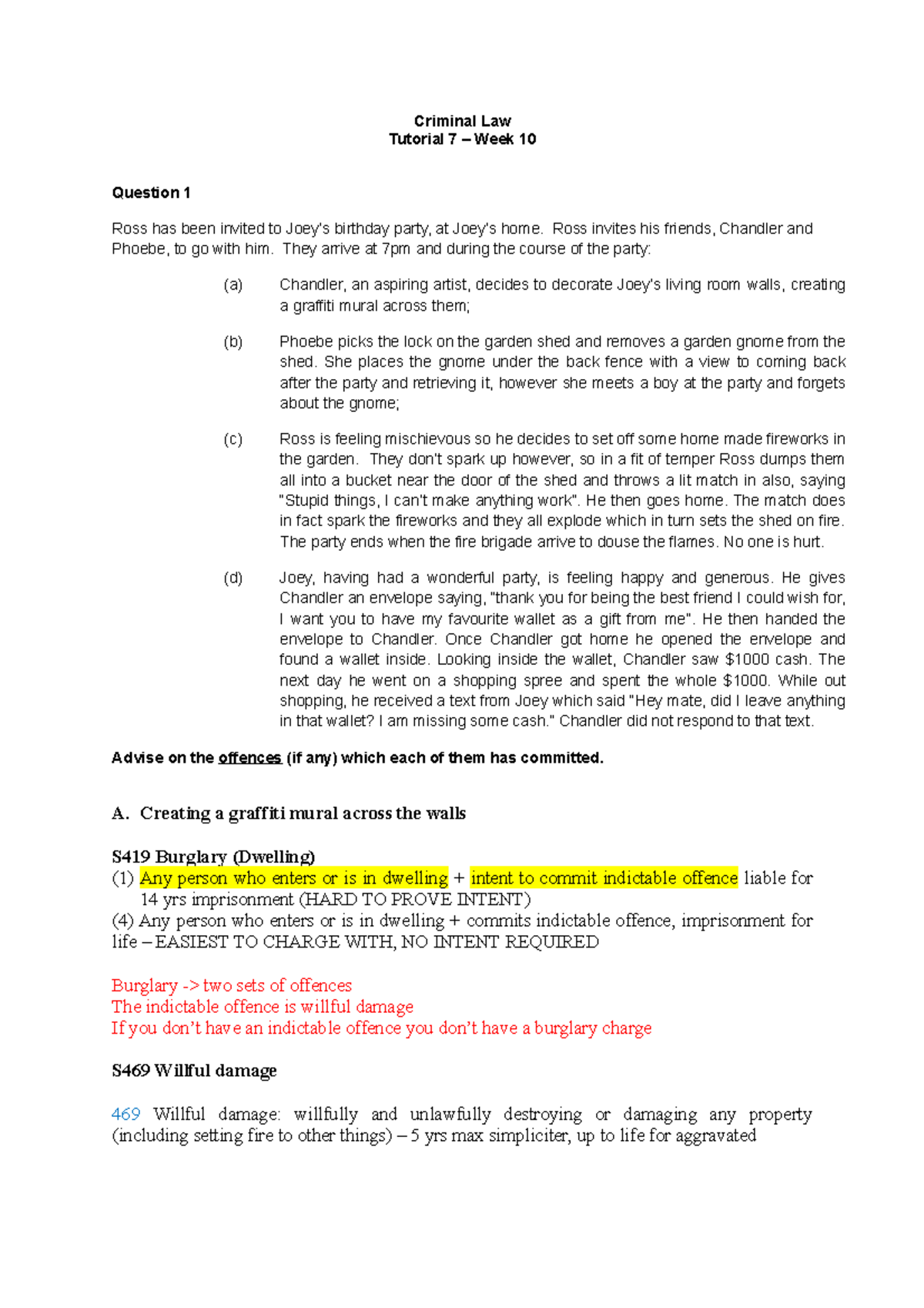 Tute 7 - Week 10 - Detailed notes - Criminal Law Tutorial 7 – Week 10 ...