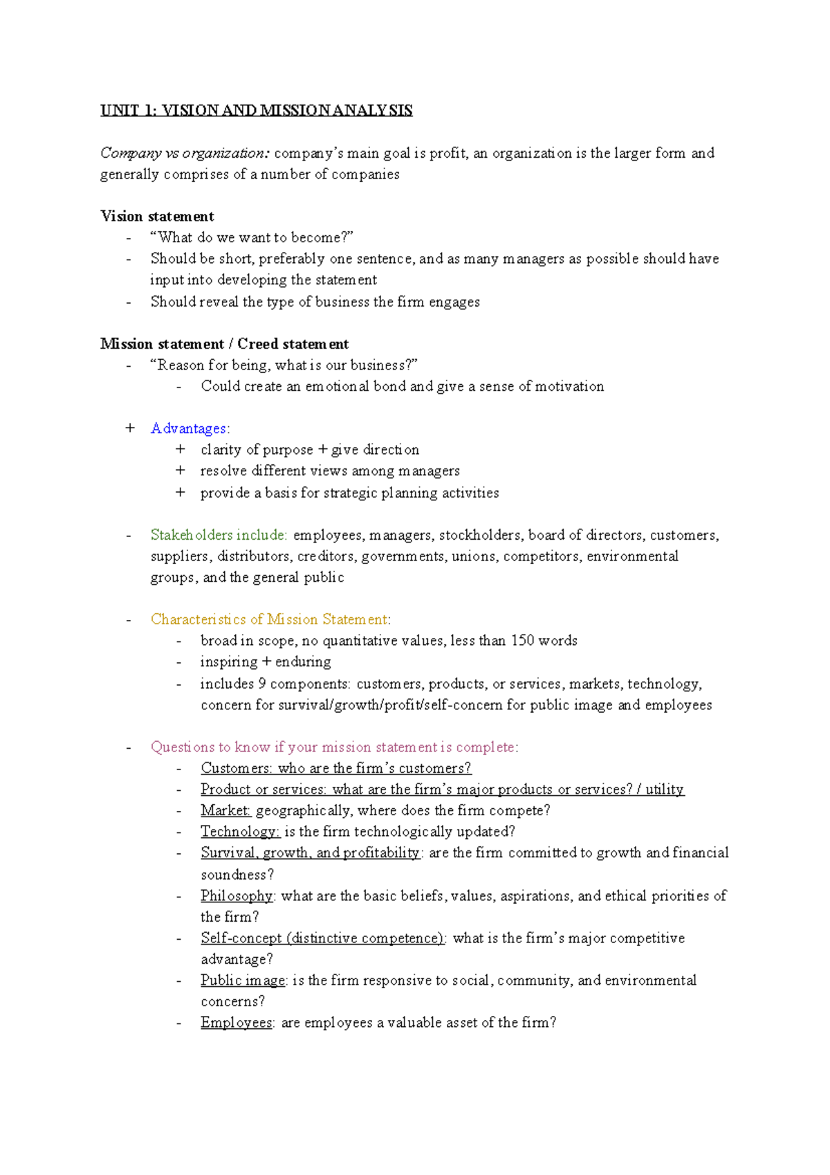 UNIT 1: Vision AND Mission Analysis (Fundamentals of Management - UNIT ...