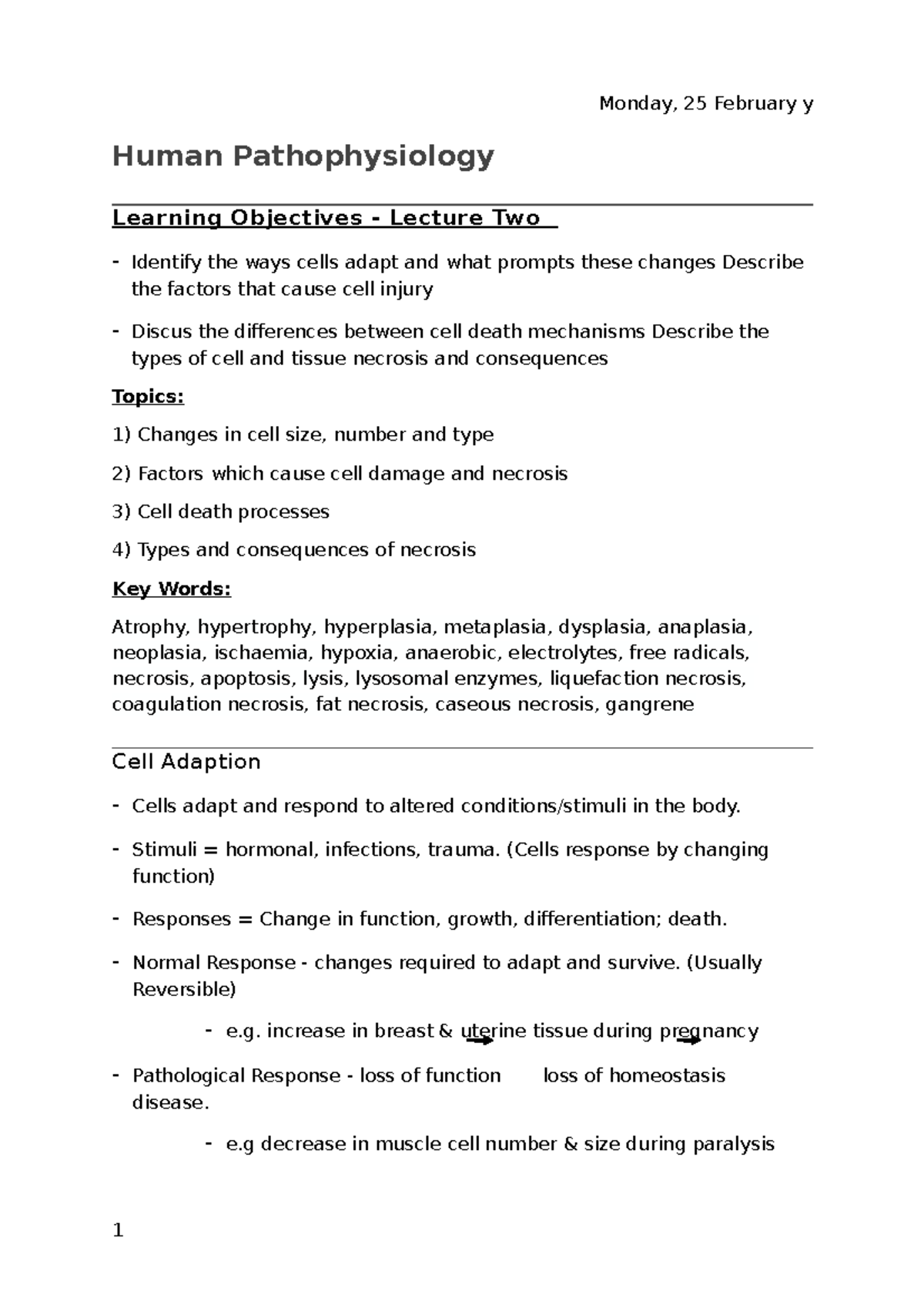 Lecture 2 - Cell Injury - Monday, 25 February y Human Pathophysiology Learning Objectives ...
