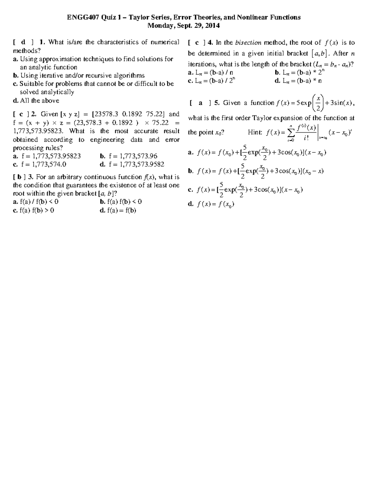 Numerical Methods In Engineering - Assignments - Qiuze 1 - ENGG407 Quiz 1 – Taylor Series, Error ...