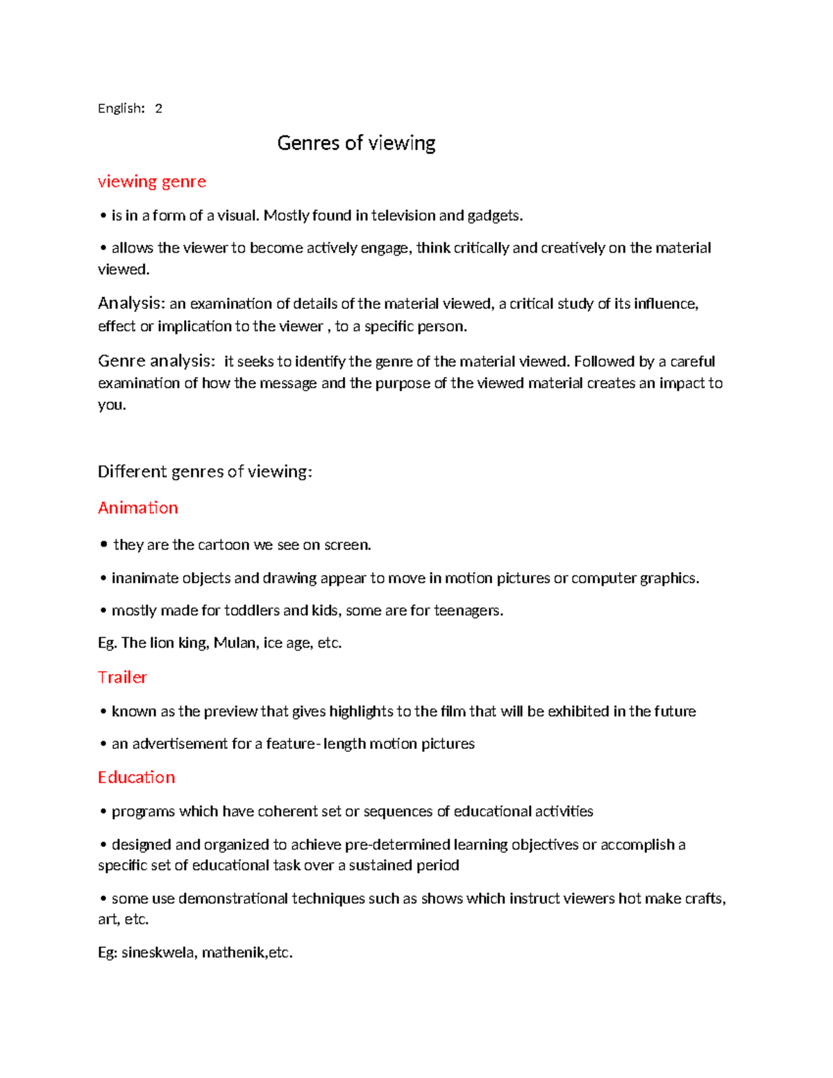Genres of viewing - Reviewer for grade 8 STE - English: 2 Genres of ...