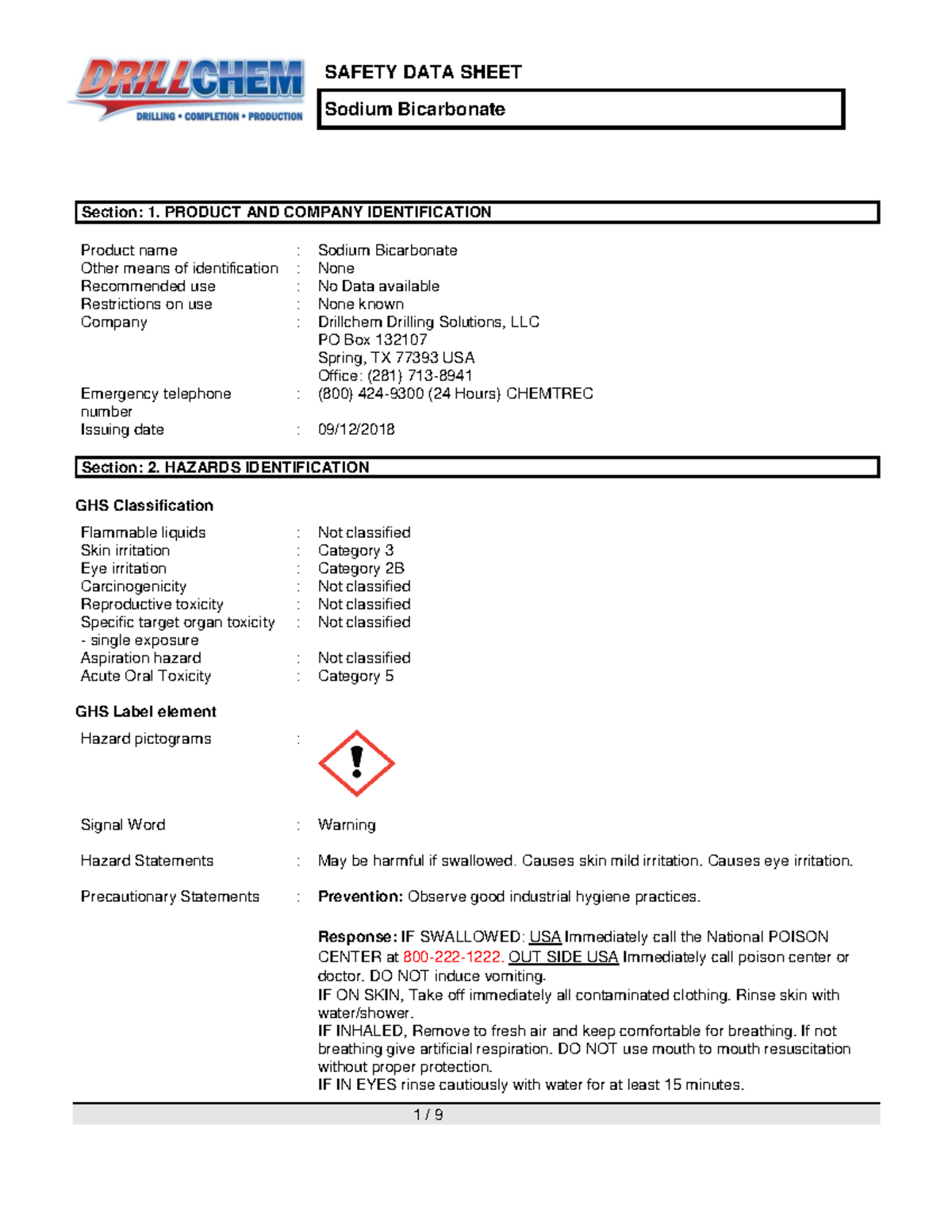 Sodium Bicarbonate SDS - Sodium Bicarbonate Section: 1. PRODUCT AND ...