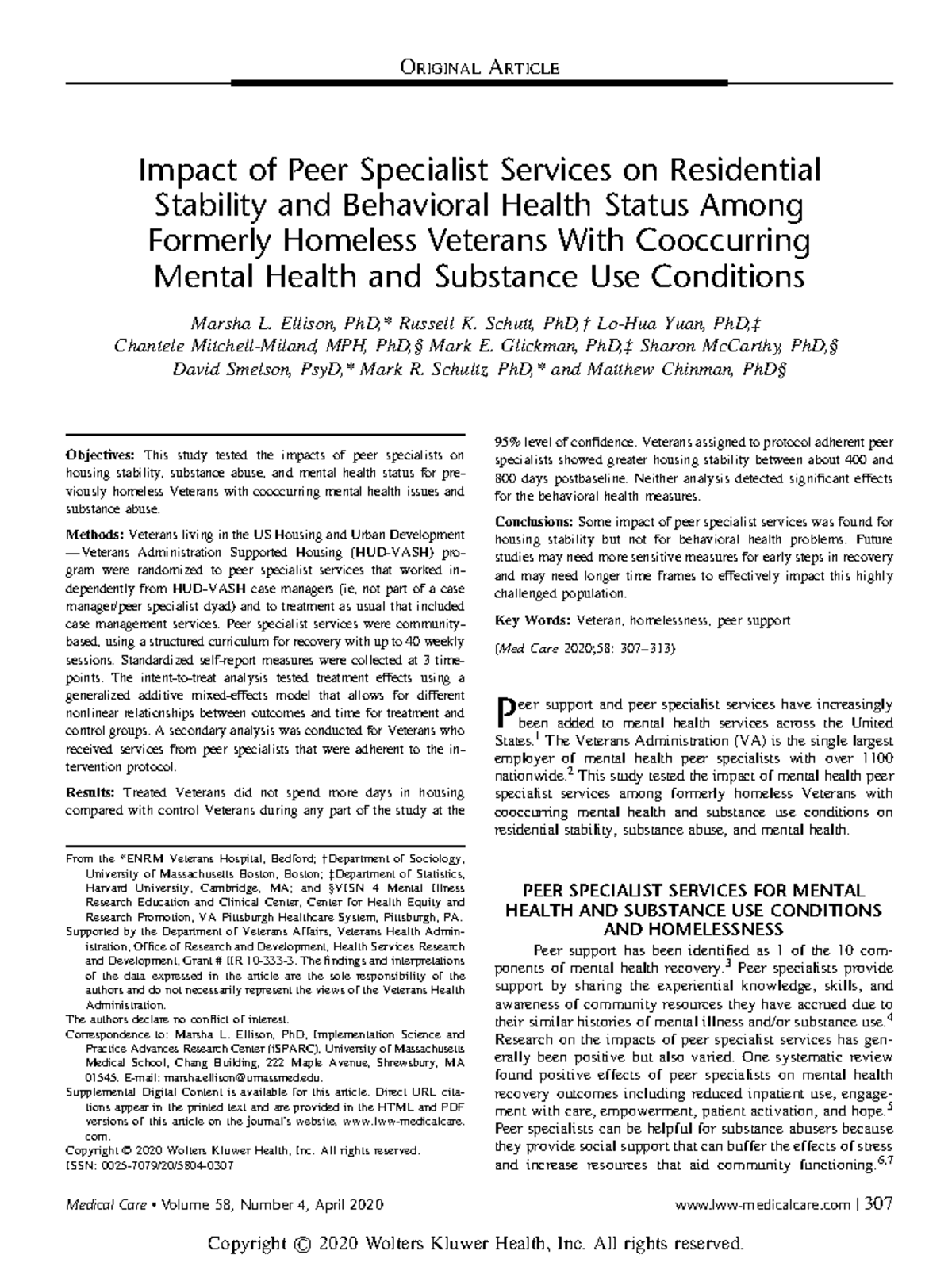 Impact of Peer Specialist Services on Residential Stability and ...