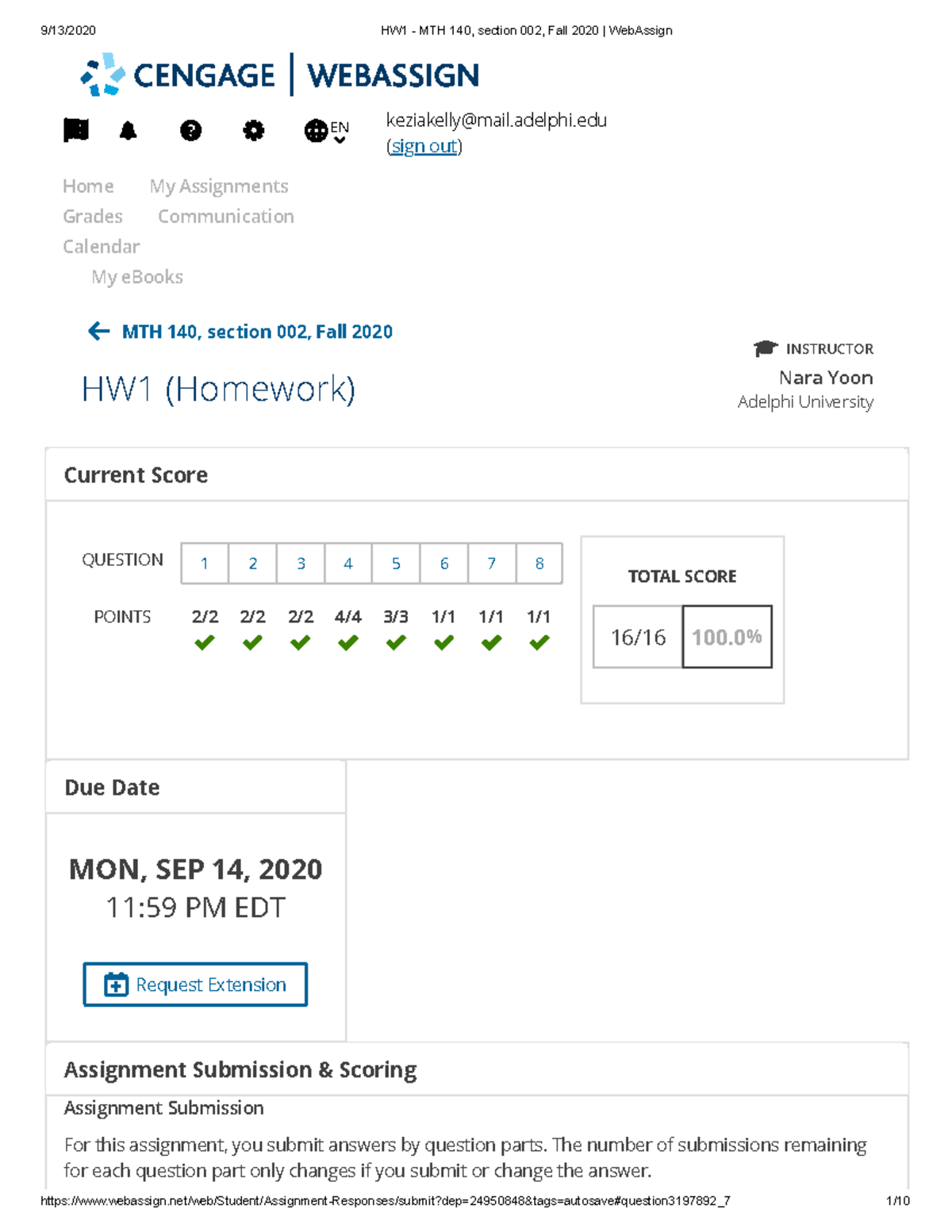 HW1 - MTH 140, section 002, Fall 2020 Web Assign - EN keziakelly@mail ...