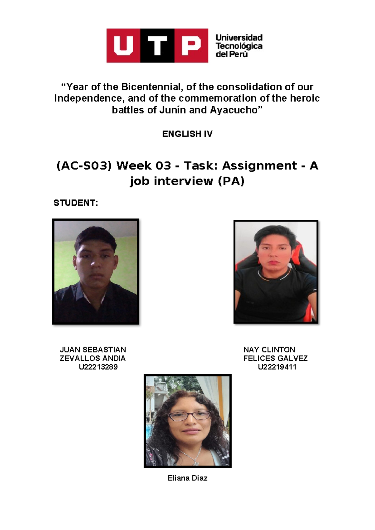 Week 3- Assignment- A job Interview - “Year of the Bicentennial, of the ...