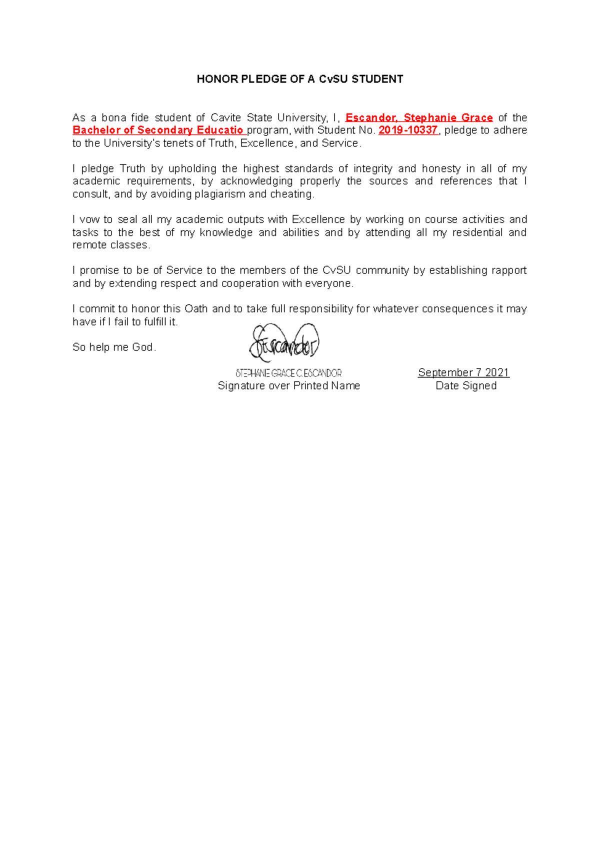 Honor- Pledge for the cavite state university - HONOR PLEDGE OF A CvSU ...