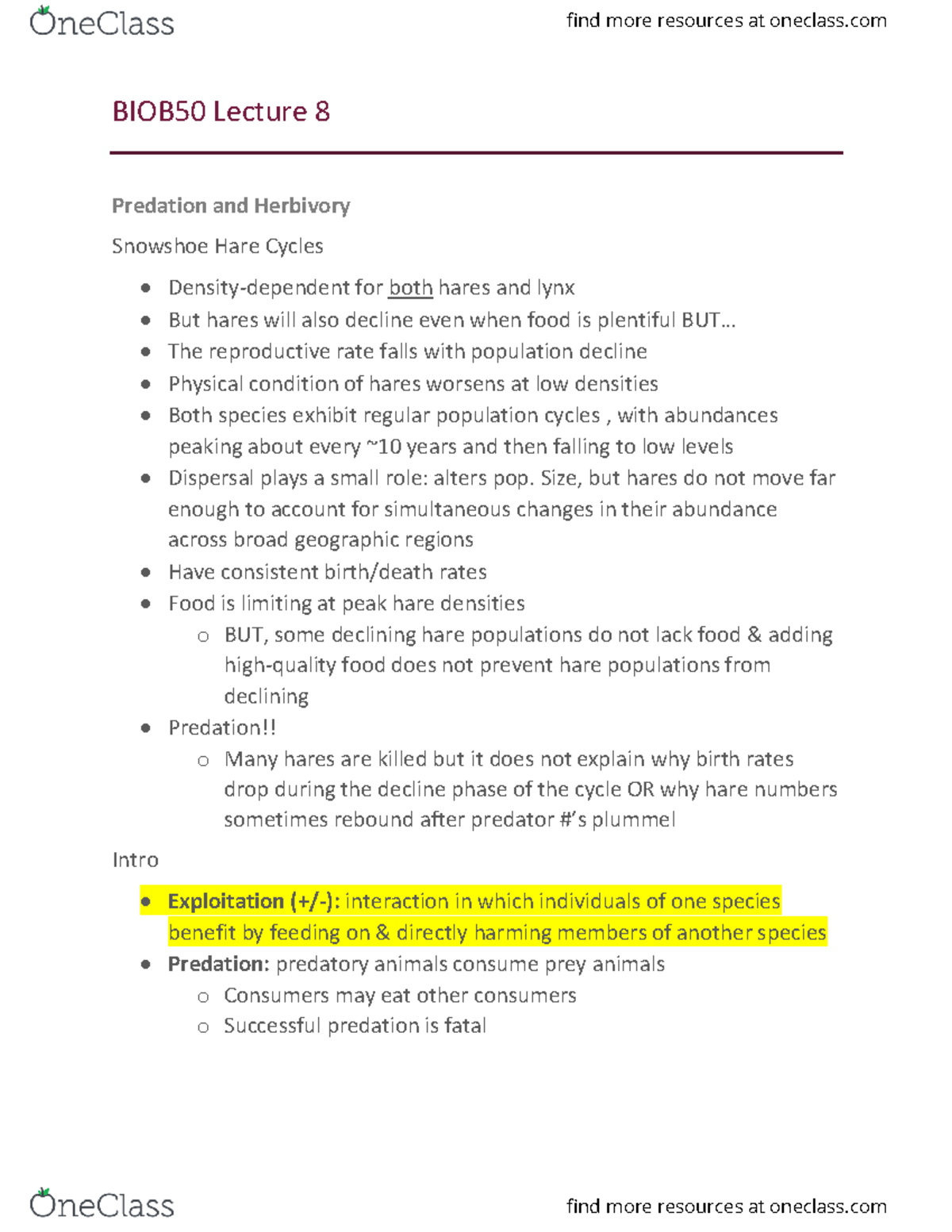 BIOB50 Lecture 8 notes - Molnar - BIOB50 Lecture 8 Predation and ...