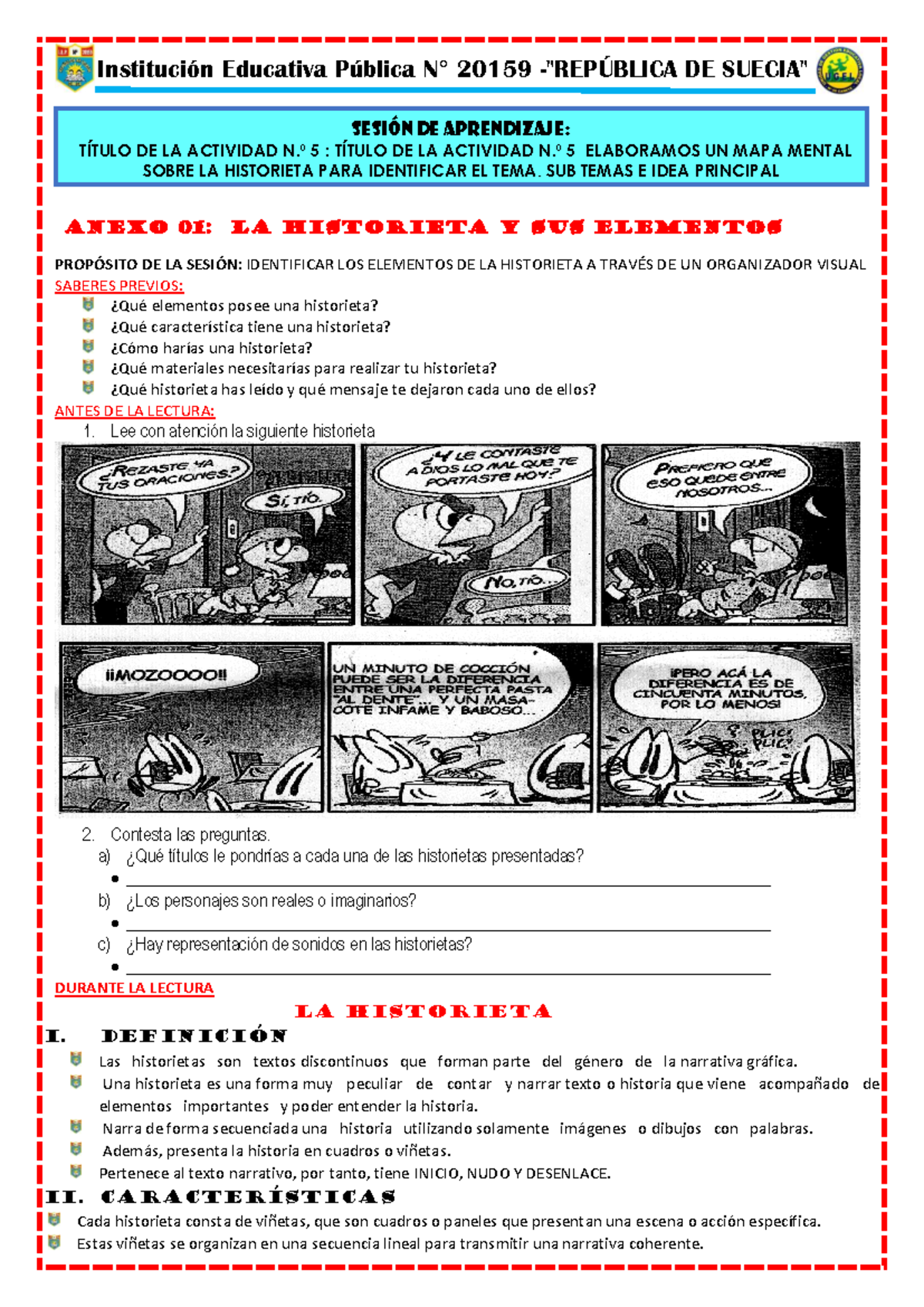 Ficha DE Trabajo Quinto - LA Historieta - ANEXO 01: LA HISTORIETA Y SUS ...