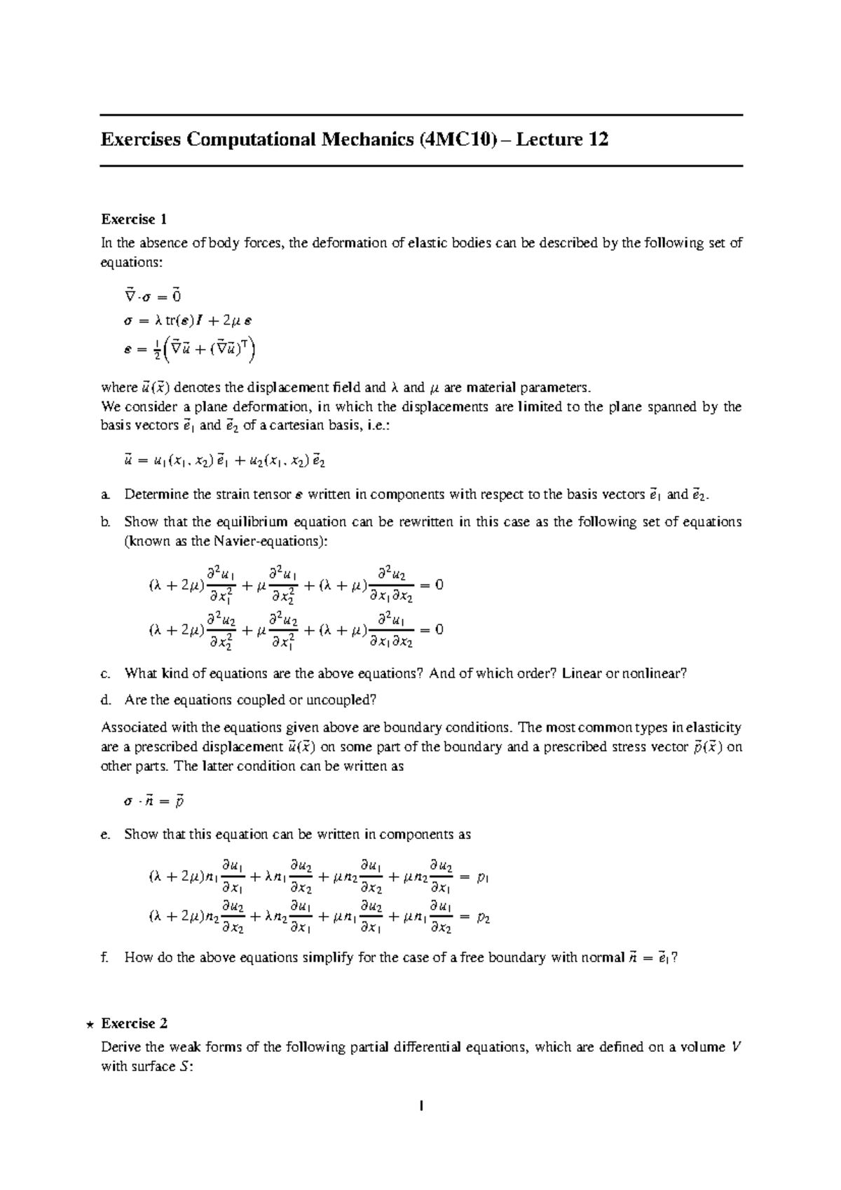 Exercises 12 - Exercises Computational Mechanics (4MC10) – Lecture 12 ...