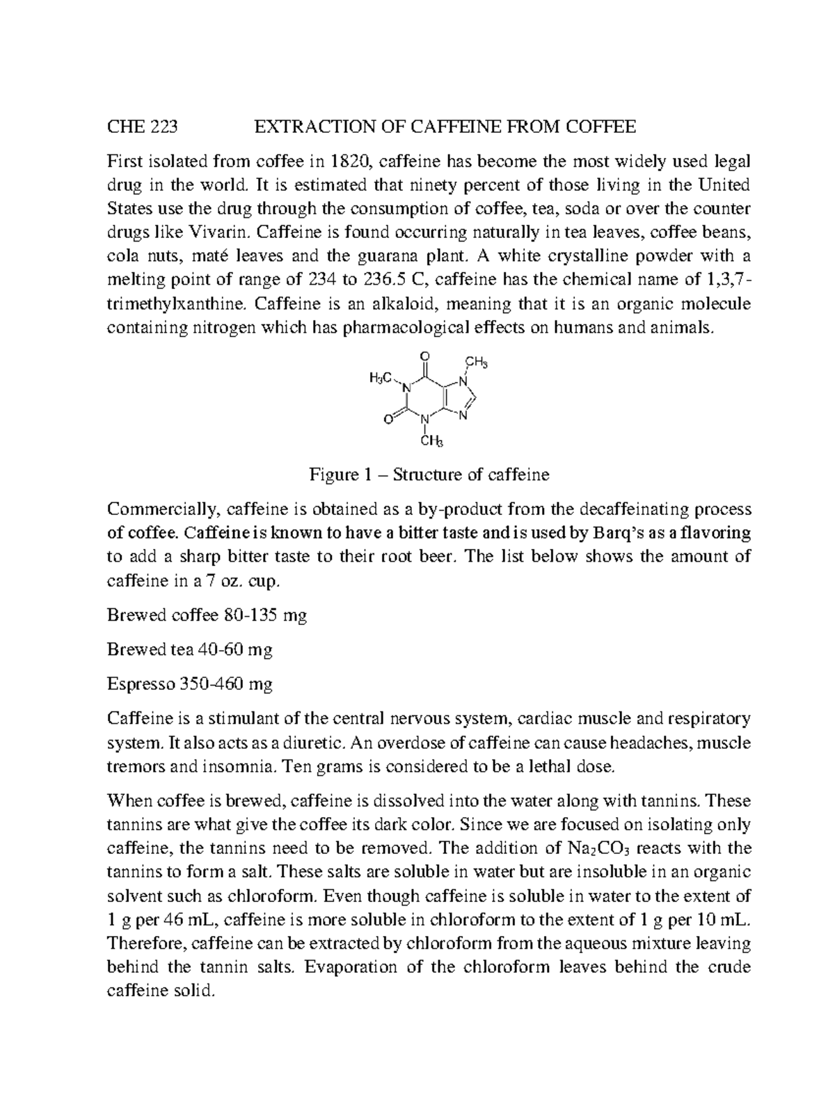 CHE 223 Extraction OF Caffeine FROM Coffee - CHE 223 EXTRACTION OF ...