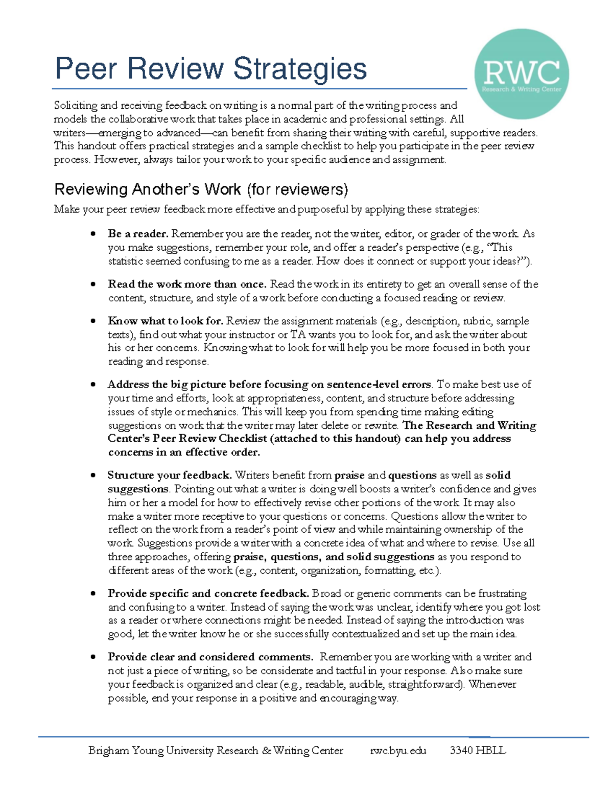 Peer Review Strategies and Checklist - Peer Review Strategies ...