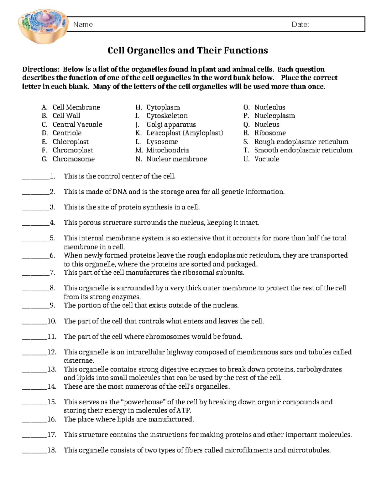 Cell organelle matching - Cell Organelles and Their Functions ...