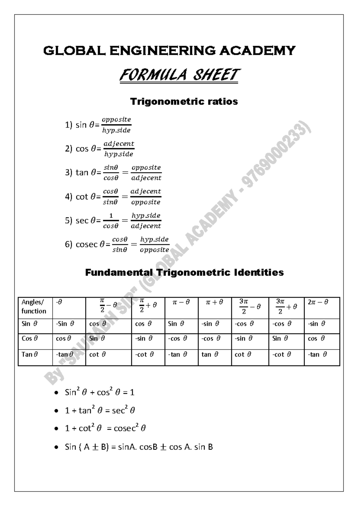 Formula Sheet 12 new - Hhh - FORMULA SHEET Trigonometric ratios 1) sin ...