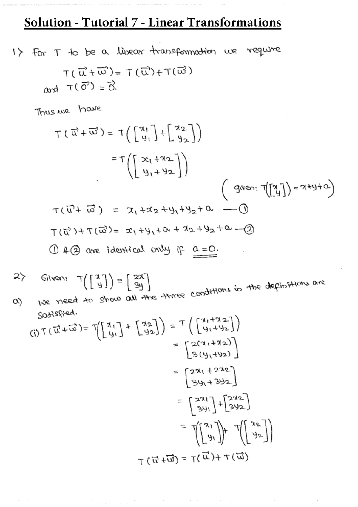 Tutorial 7 Linear Transformations solution - MTH10013 - Solution ...