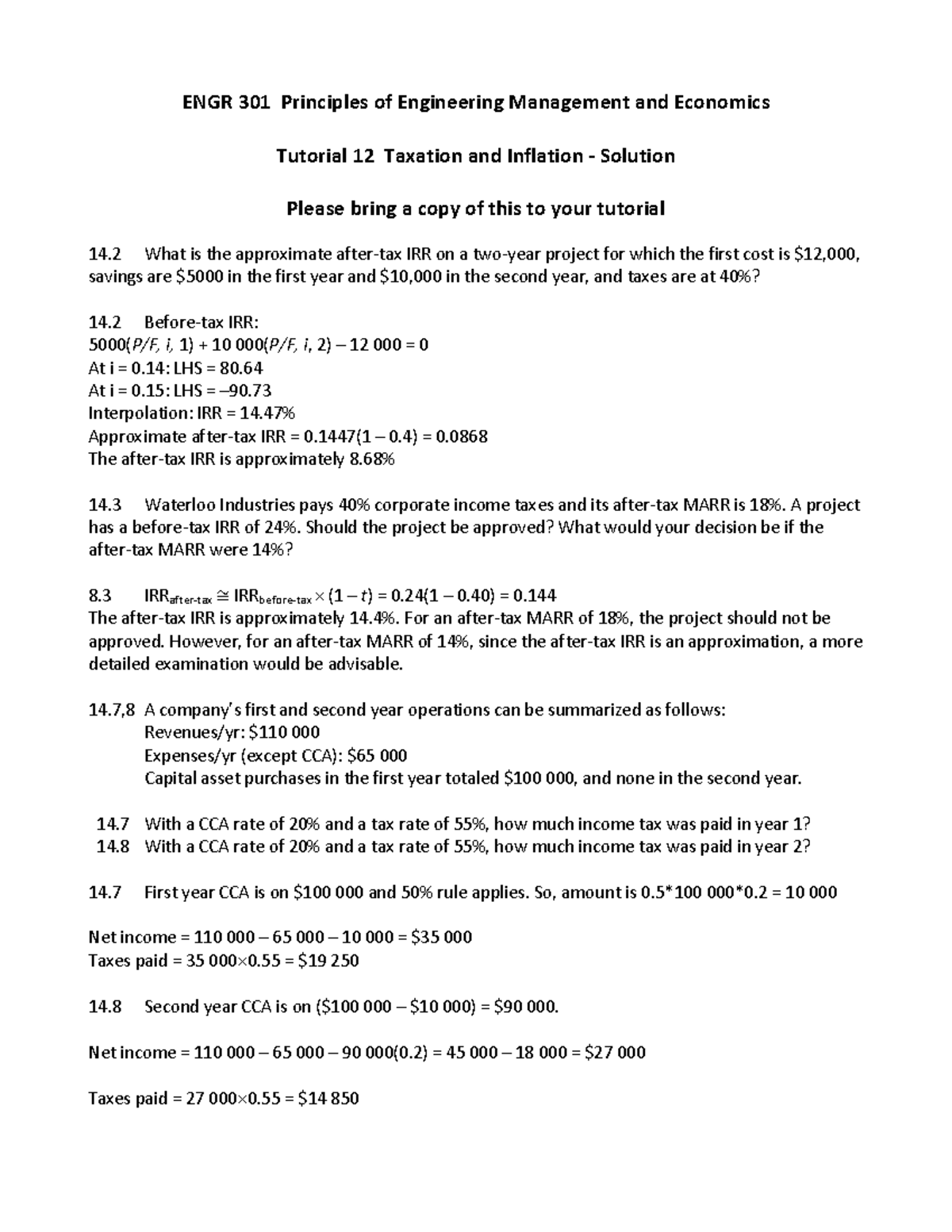 Tut12soln - Tutorial 12 solution work for ENGR301 - ENGR 301 Principles of Engineering ...