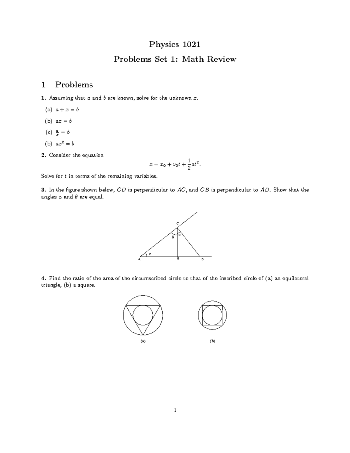 Problem Sets Number 1 - Physics 1021 Problems Set 1: Math Review 1 ...