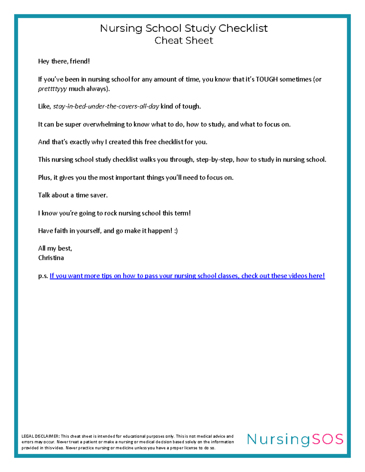 Nursing School Study Checklist Cheat Sheet 2 - Nursing School Study ...