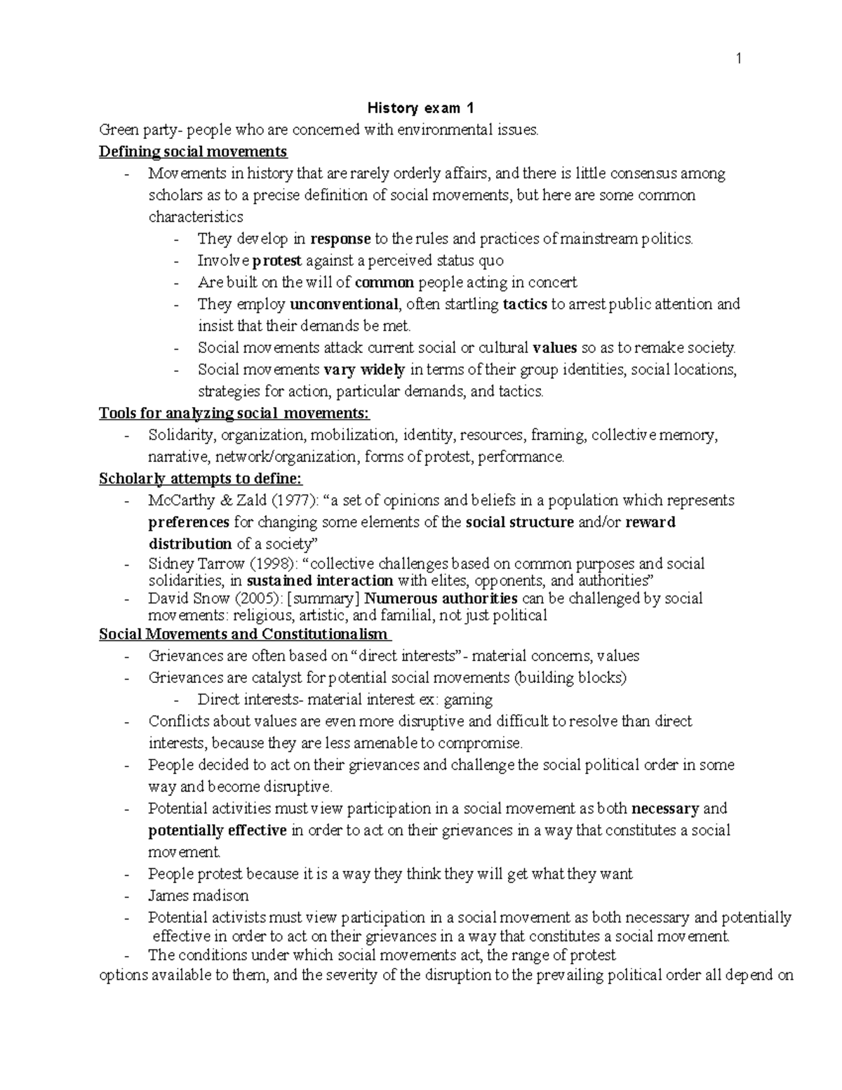 History exam 1 - notes - 1 History exam 1 Green party- people who are ...
