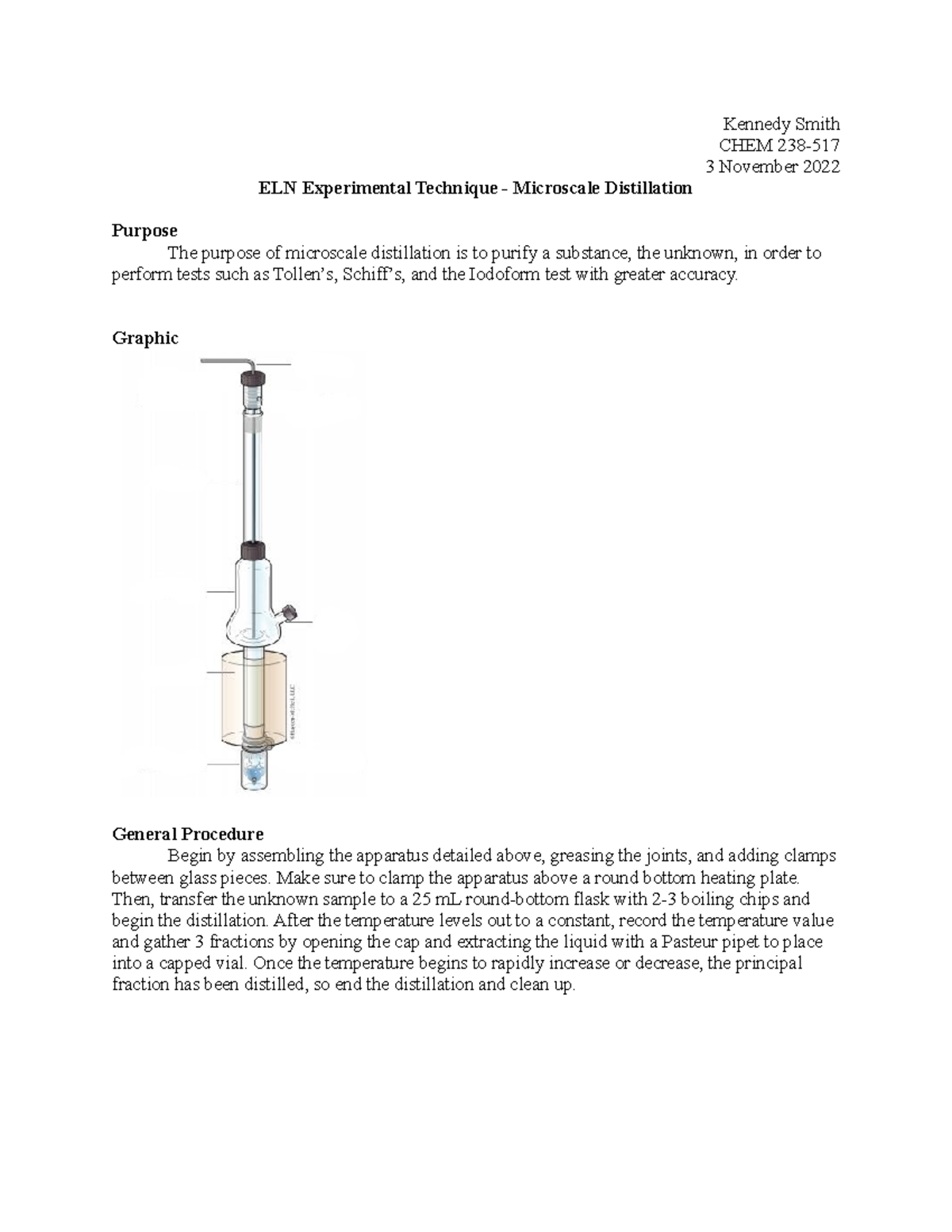 ELN - Microscale Distillation - Kennedy Smith CHEM 238- 3 November 2022 ...